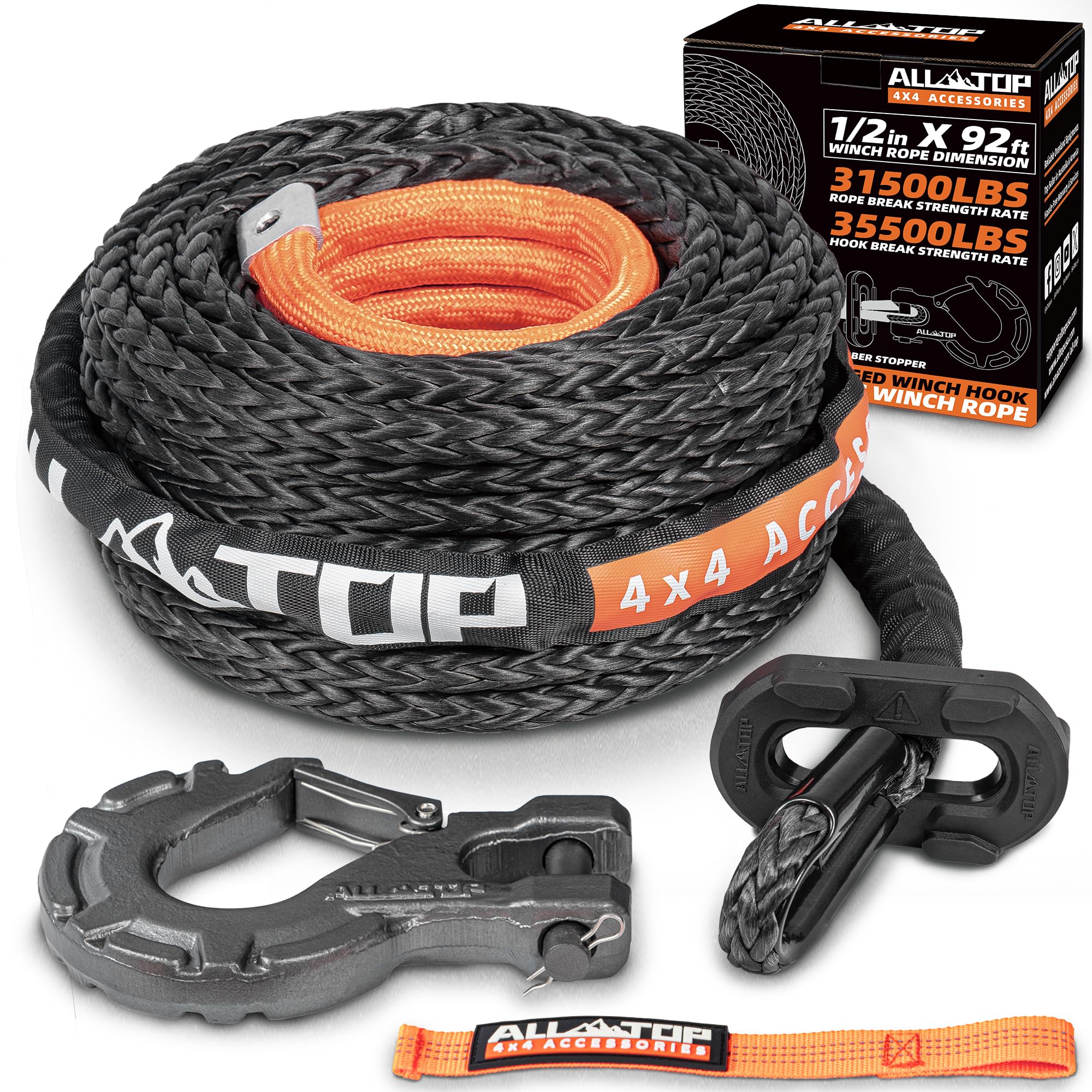Amazon.com: ALL-TOP Synthetic Winch Rope Kit, 1/2in x 92ft, 31500Lbs ...