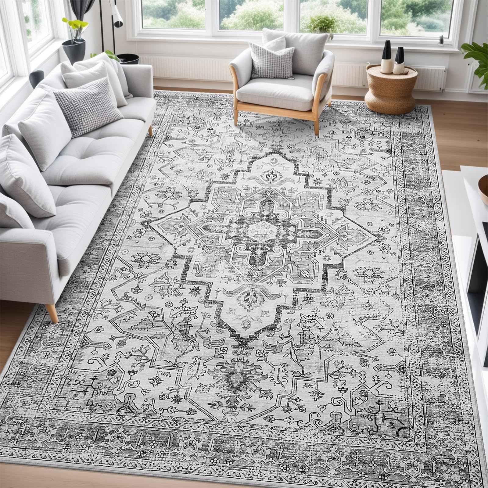 YIHOUSE Vintage Rug 8x10, Washable Grey Rug for Living Room, Non Slip ...