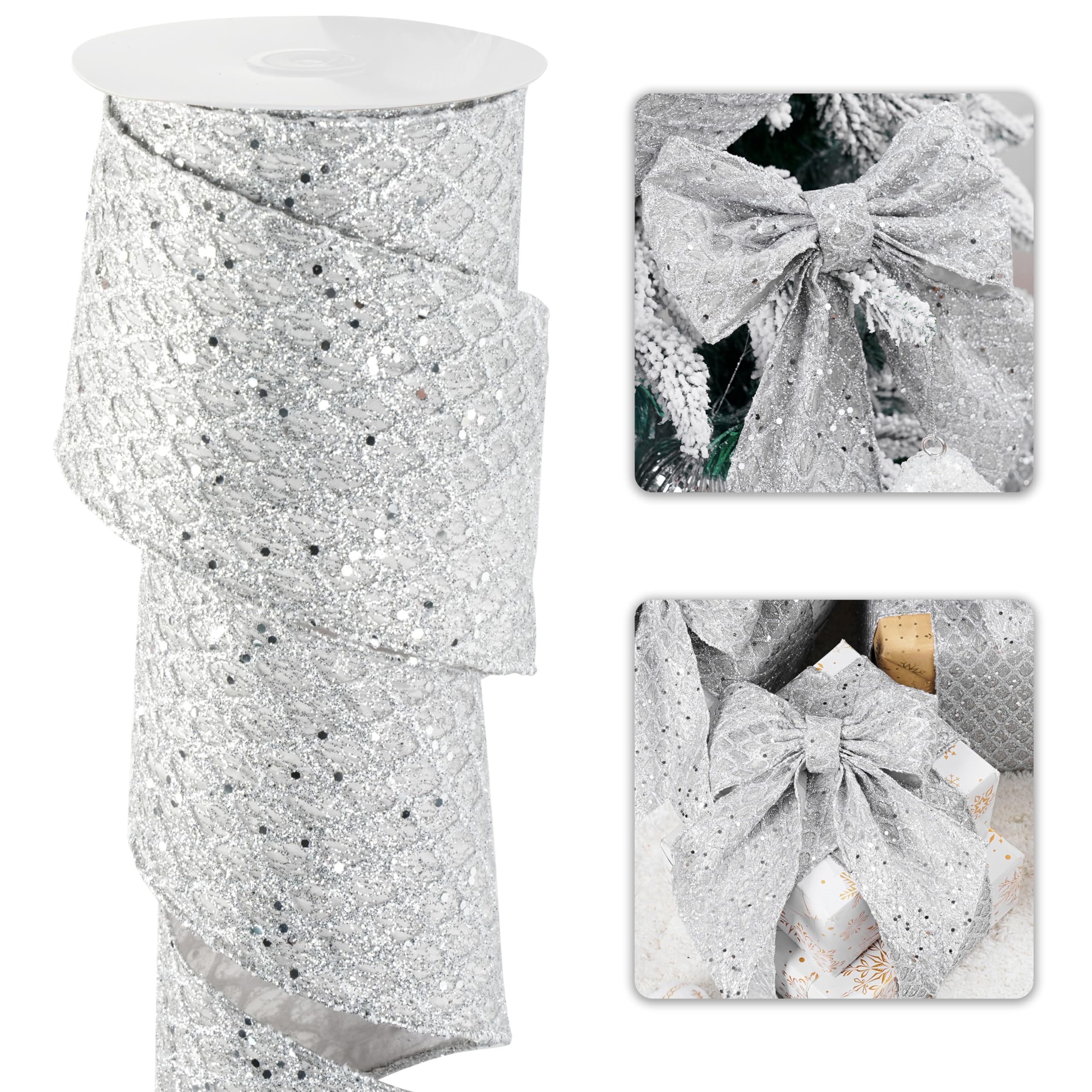 Amazon.com: LIZLOVESS Silver Christmas Ribbon 4" Glitter Mesh Wired ...