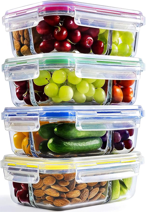 Chef Fresh Packs Glass Meal Prep Containers - 4-Pack 3 Compartment Food ...