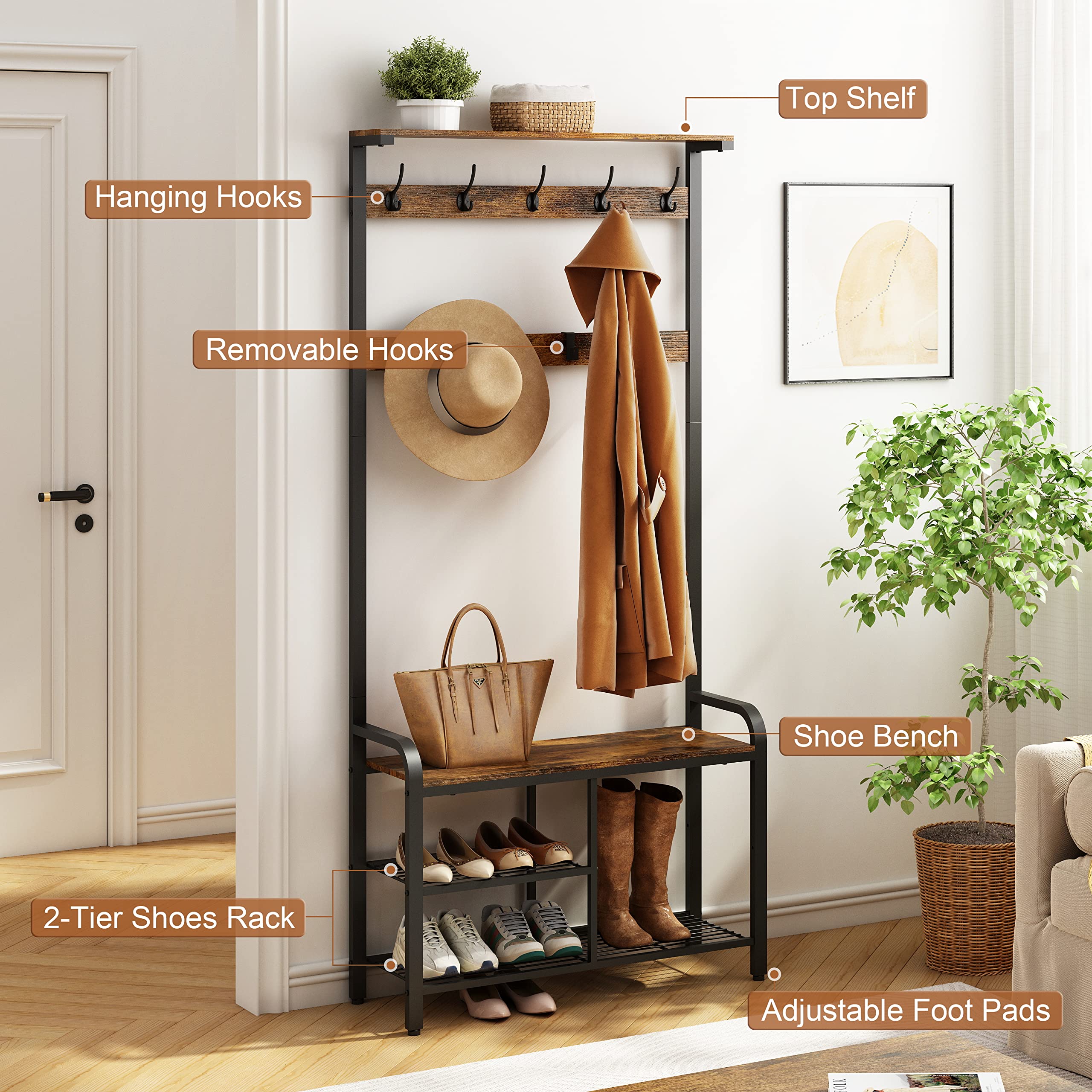 Snapklik.com : 3 In 1 Design Coat Rack Shoe Bench, Hall Tree For ...