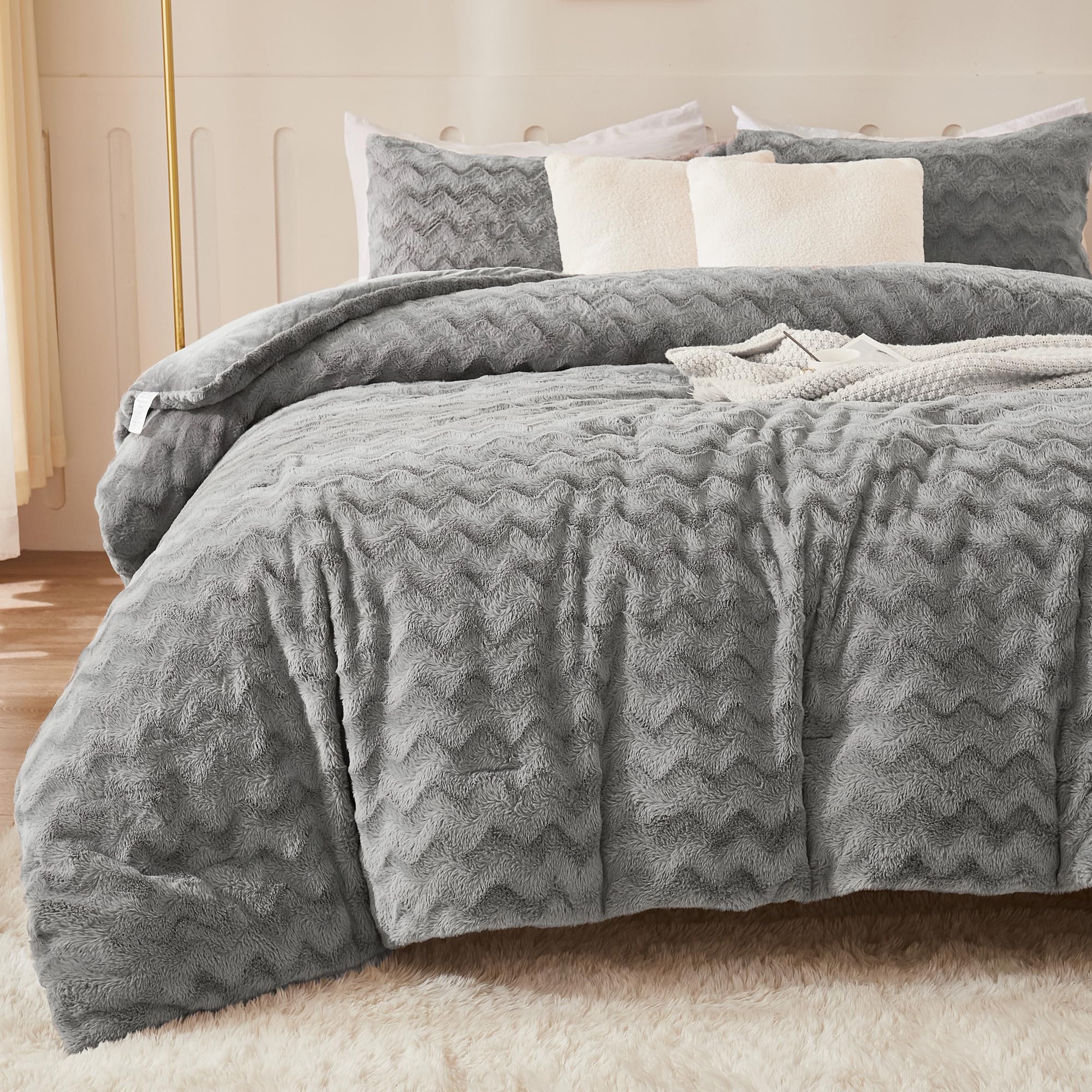 Amazon.com: Andency Grey Fleece Comforter Set King, 3 Pieces Fuzzy ...