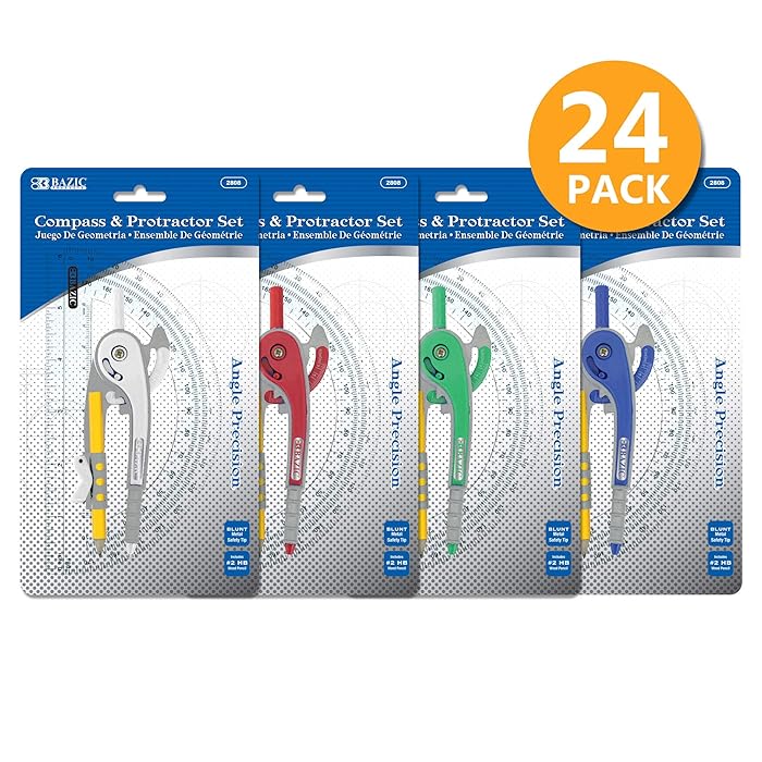 Buy BAZIC Geometry Math Compass Set w/Scale-Arm, 6" Protractor, & HB ...