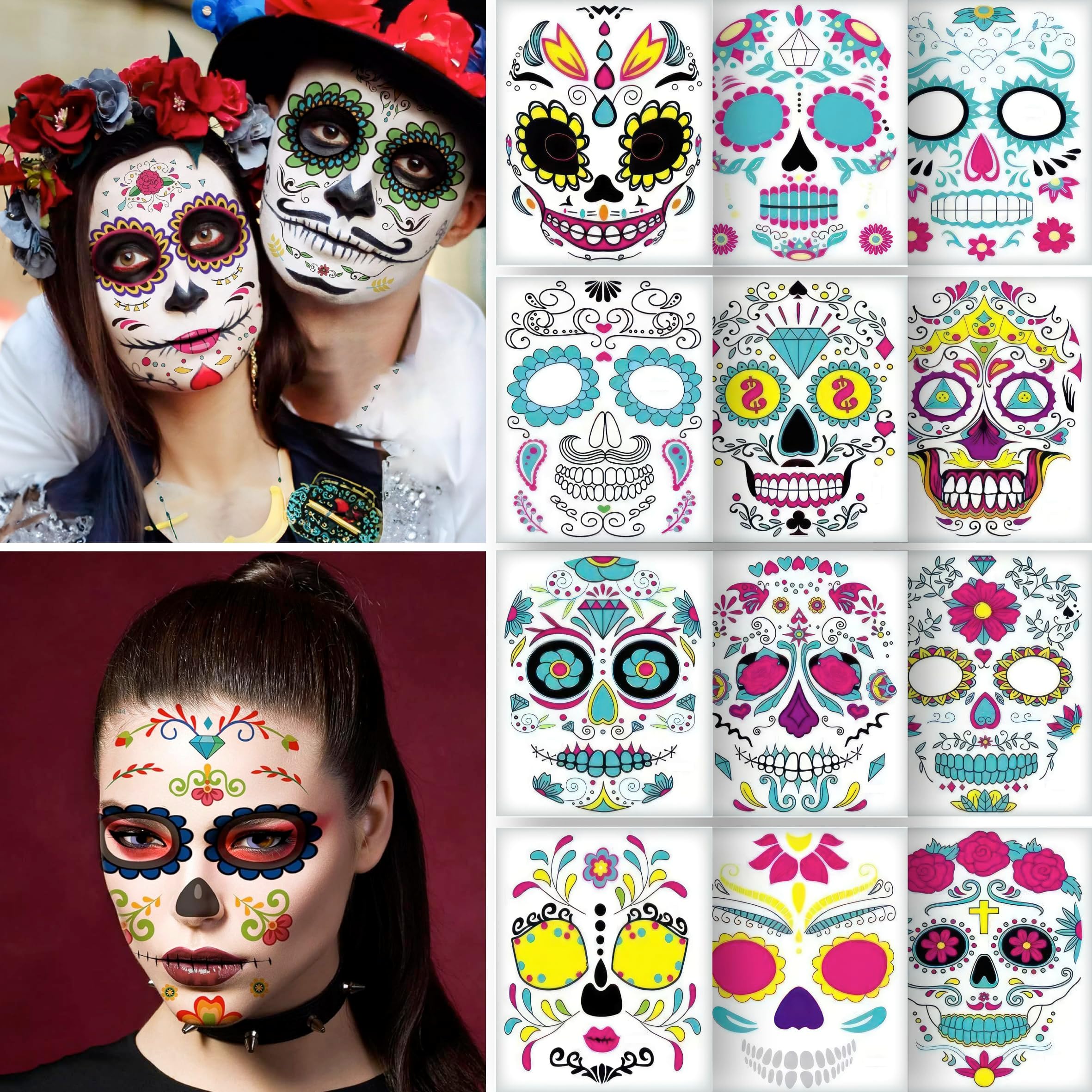 Amazon.com : 12 PCS Day of the Dead Costume Tattoos for Halloween ...