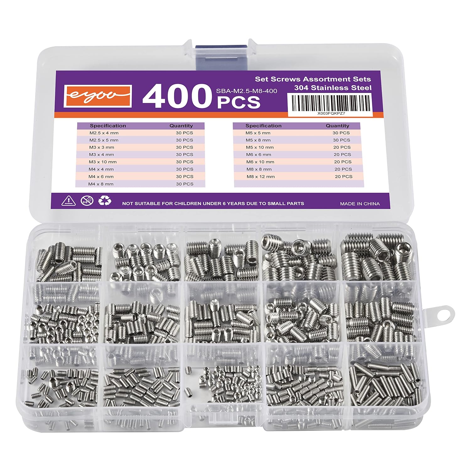 eyoo 400 PCS M2.5,M3,M4,M5,M6,M8 Stainless Steel Set Screw Combination ...