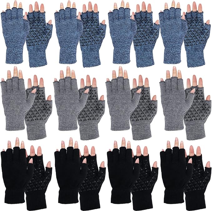 Handepo 12 Pairs Winter Half Fingerless Knit Gloves Stretchy Anti Slip ...