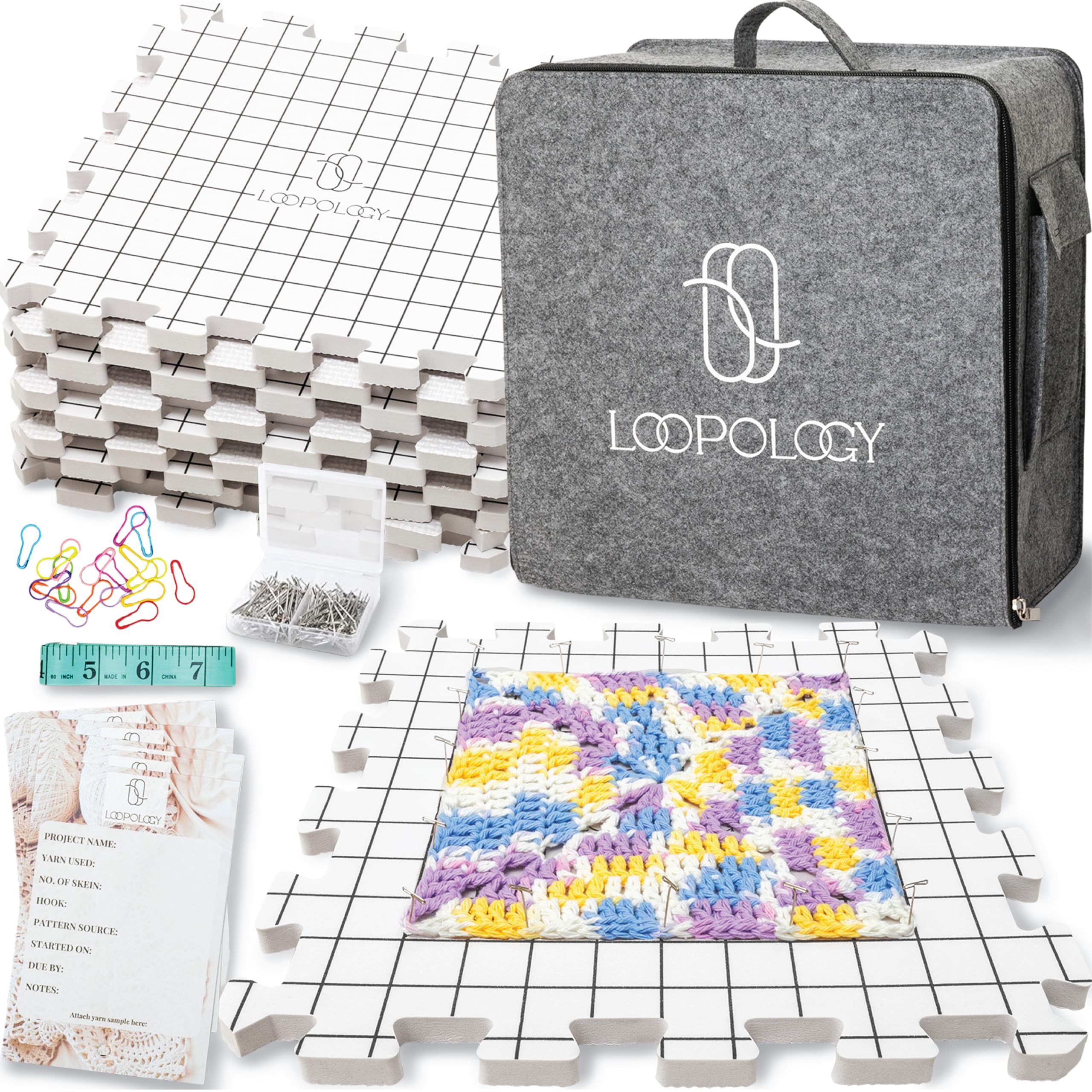 Amazon.com: LOOPOLOGY - 9PC Crochet Blocking Board Set with Grids, Full ...