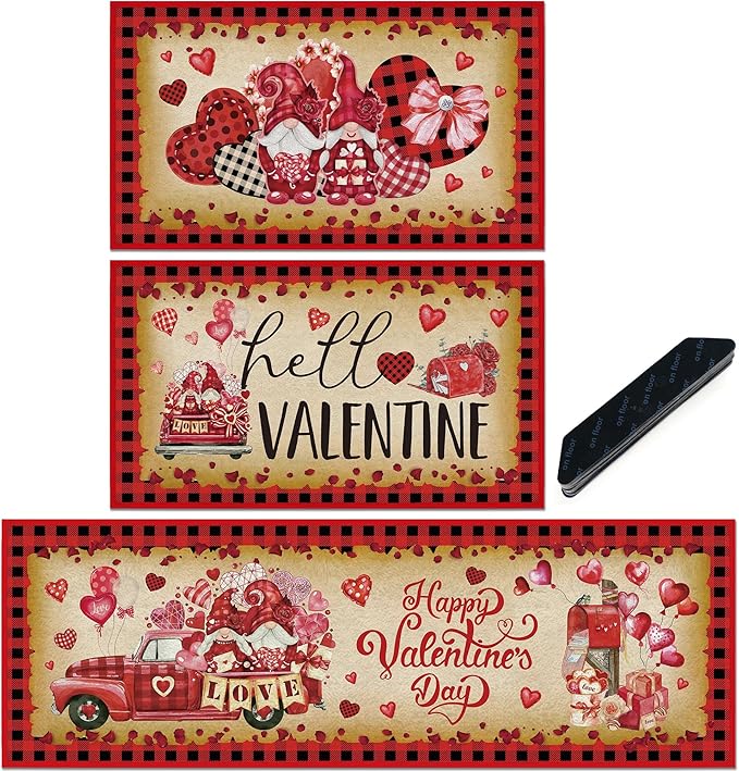 Amazon.com: Romart Valentines Kitchen Rug Set, 3 Pcs Buffalo Plaid ...