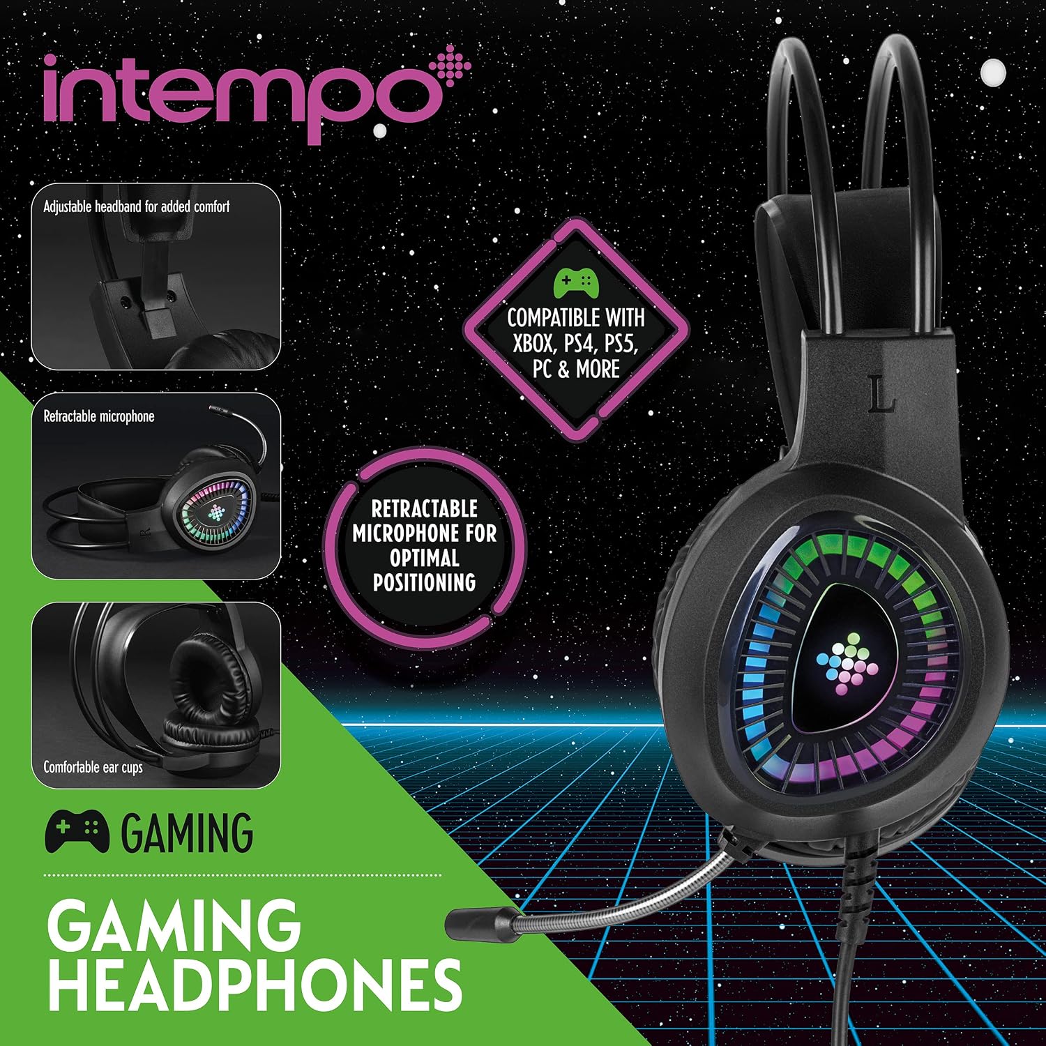 Intempo® EE6555BLKSTKEU7V2 Quest Wired LED Gaming Headset, Retractable ...
