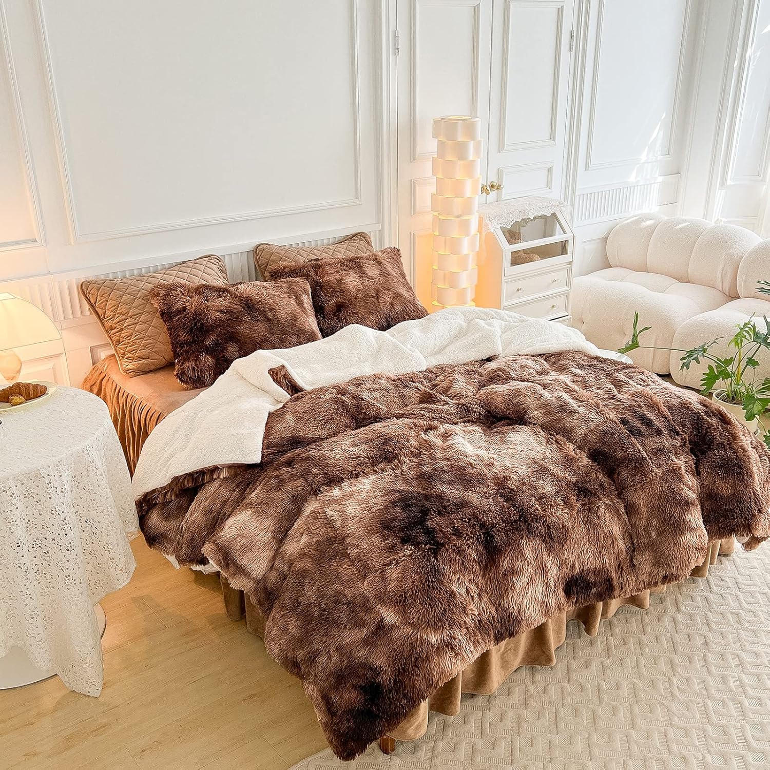 Luxury Faux Fur Shaggy Comforter Set Full/Queen Size, Plush & Sherpa ...