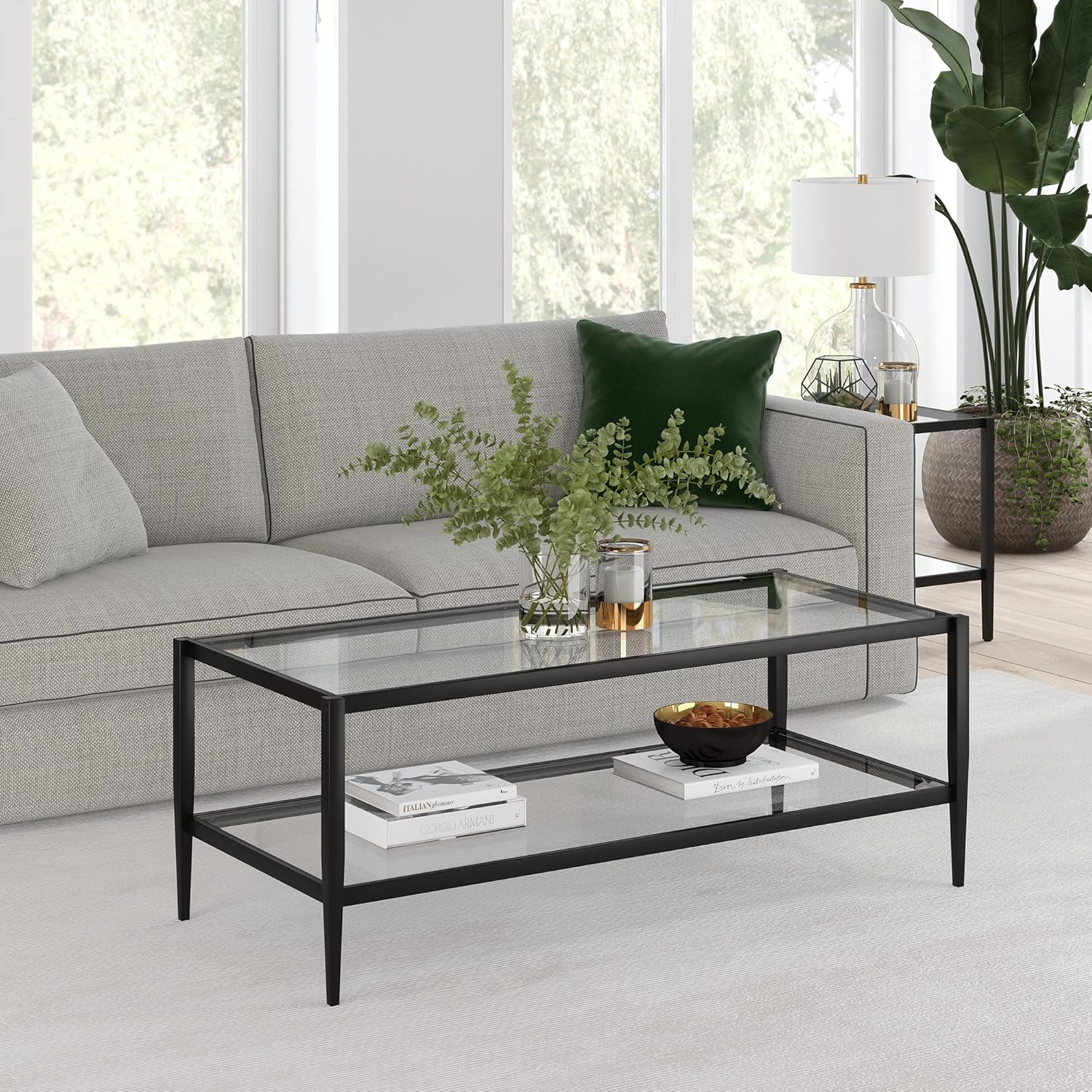 Amazon.com: Hera 45'' Wide Rectangular Coffee Table with Glass Shelf in ...