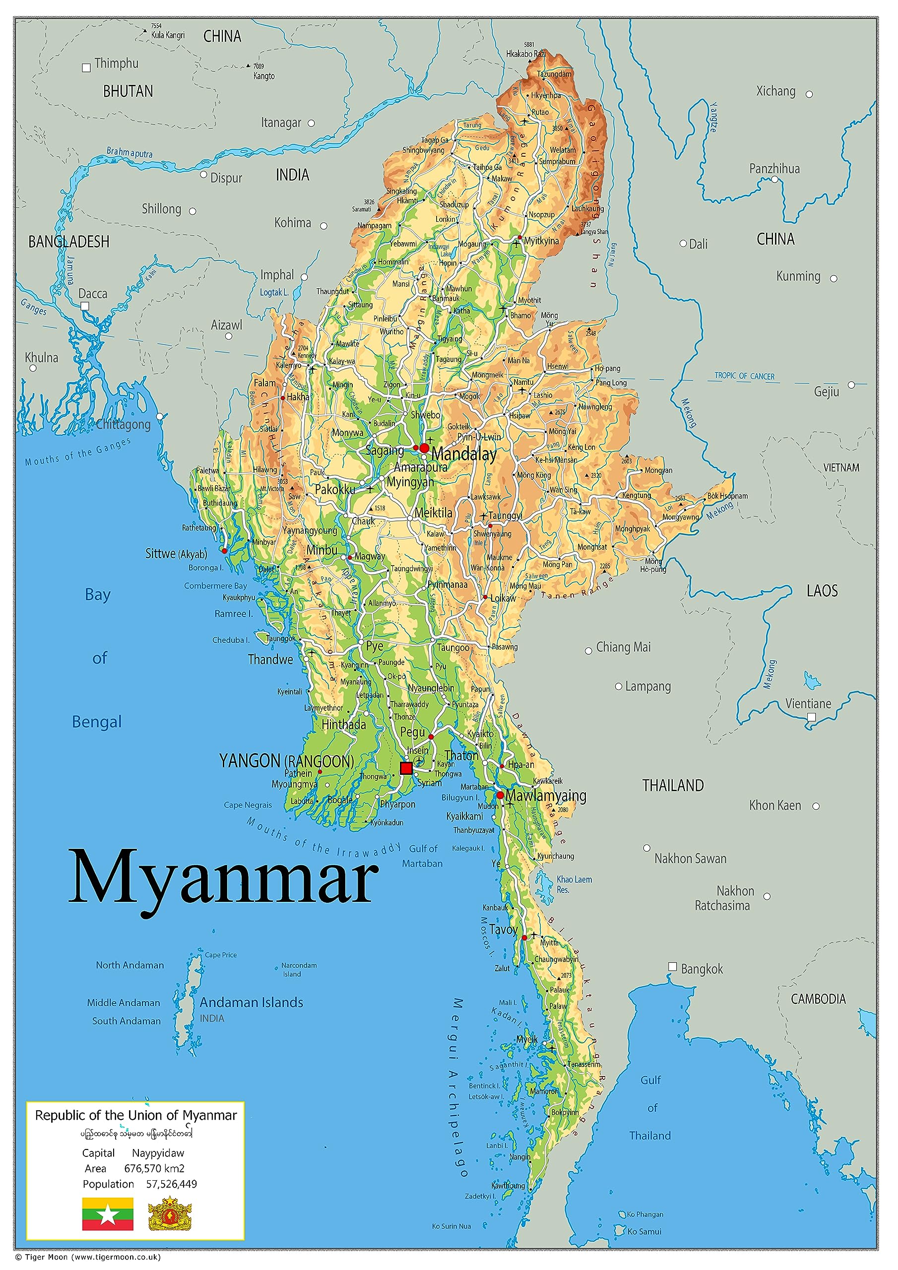 Physical Map of Myanmar - The Oxford Collection - Size A1 - Paper Laminated : Amazon.co.uk ...