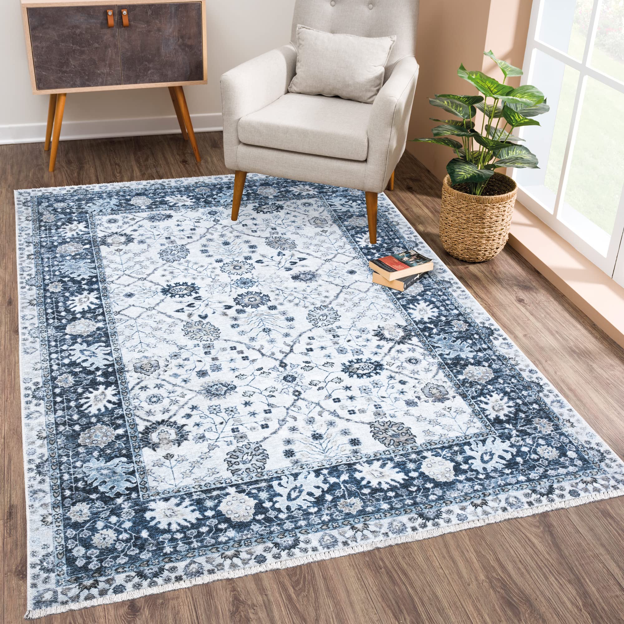 Amazon.com: Bloom Rugs Caria Washable Non-Slip 5x7 Rug - Navy Blue Traditional Bordered Area Rug ...