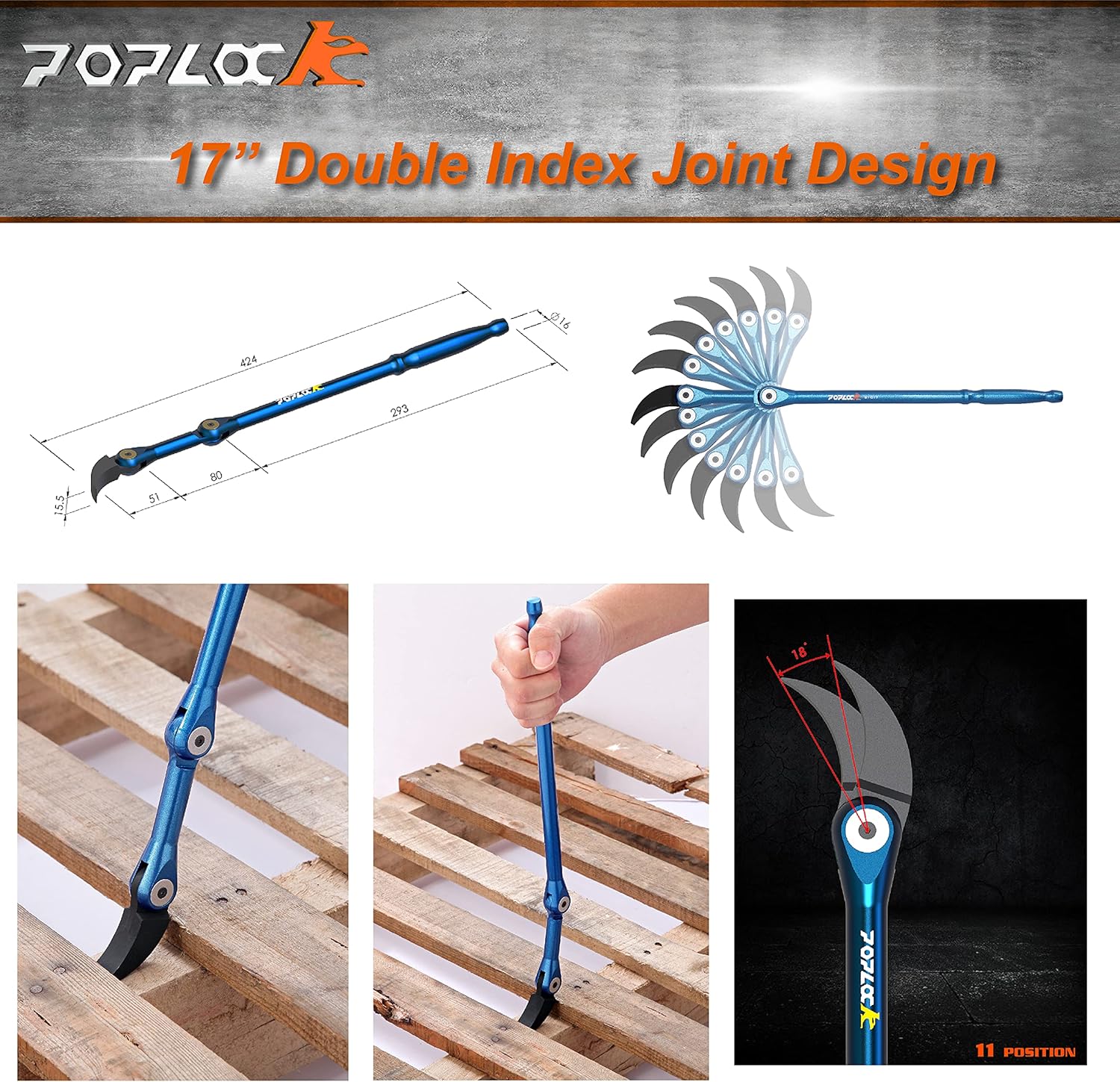 POPLOCK Double Gear Indexable Pry Bars 3 Pieces Set 8″ / 12″ / 17″ Nail ...