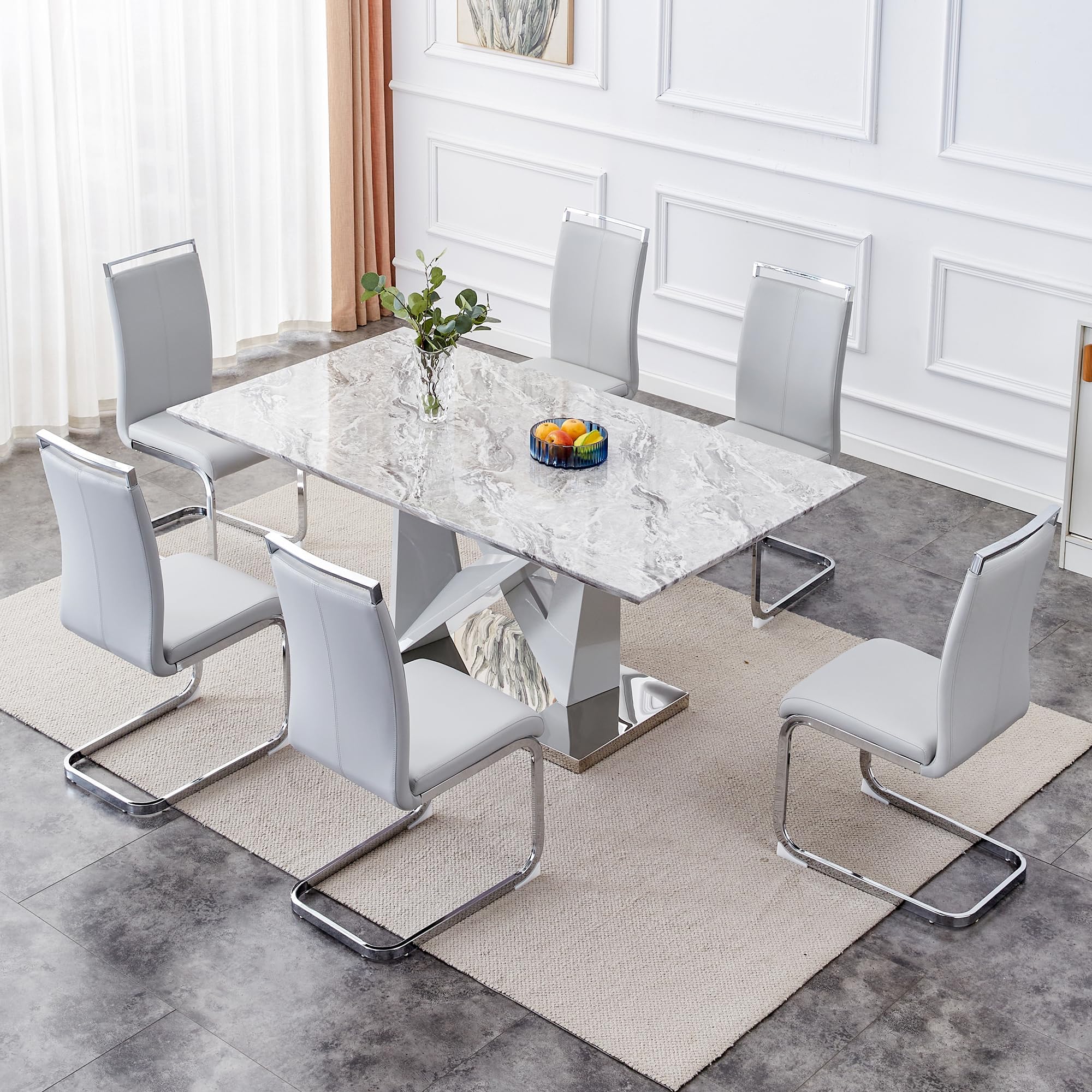 Amazon.com - JUFU Modern Dining Table Set for 6,Grey Faux Marble Dining Table Set for 6,Kitchen ...
