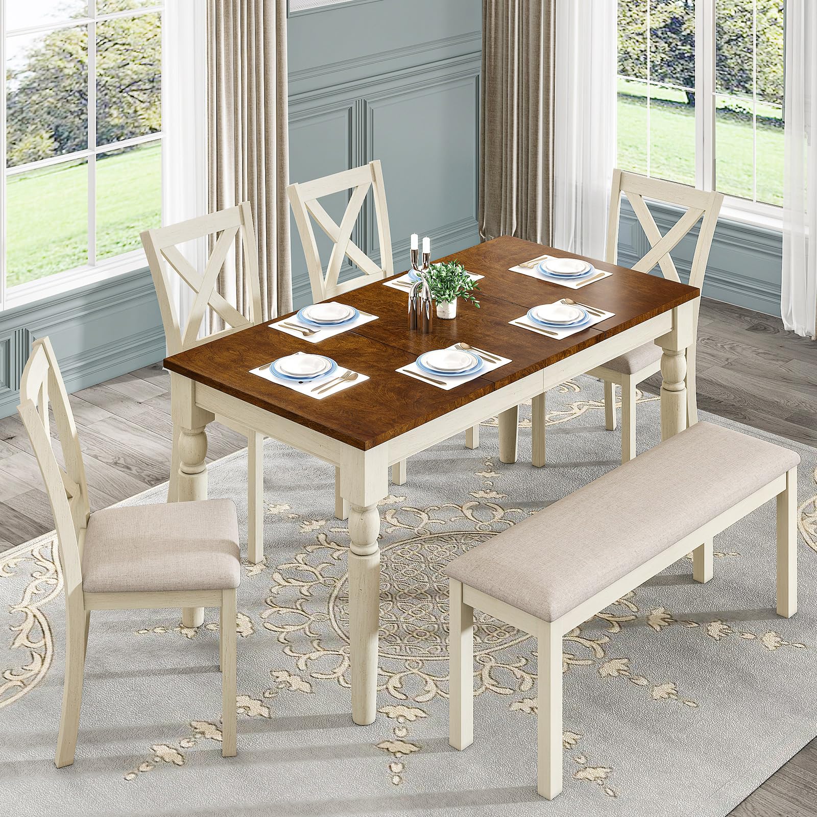 Amazon.com - LUXOAK 6-Piece Dining Table Set for 6 People, Solid Wood ...