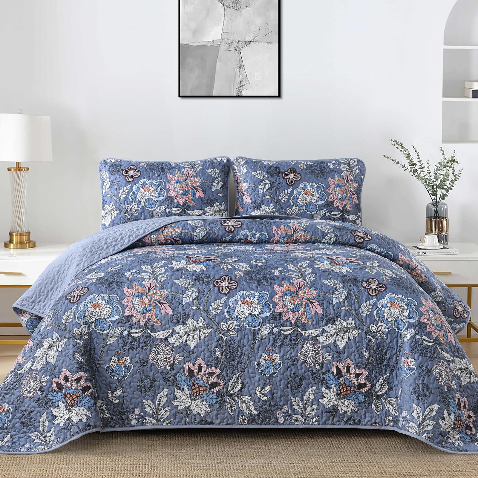 Amazon.com: WONGS BEDDING Blue Quilt Set Queen Size, Blue Botanical ...