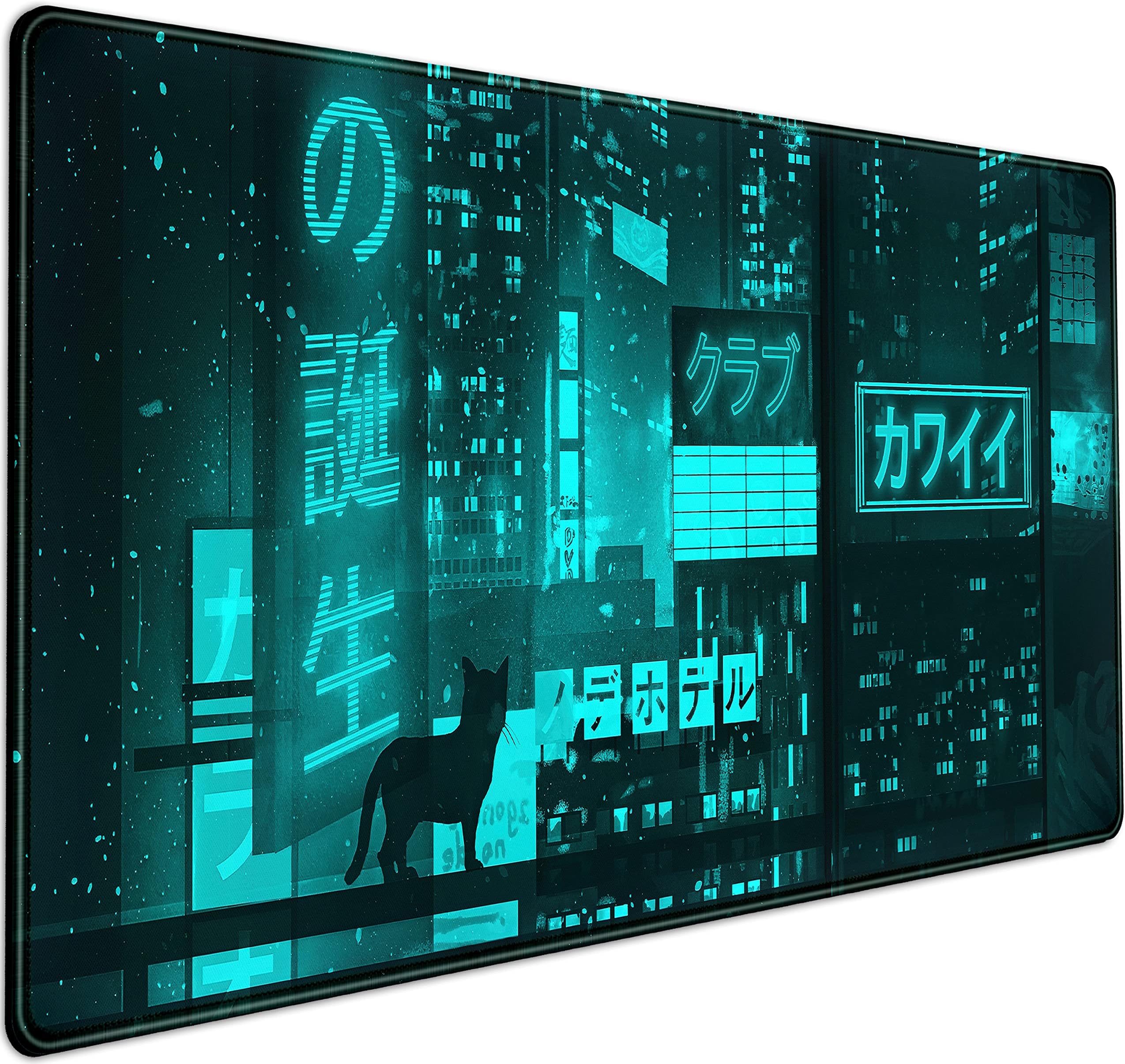 Amazon.com: Cyan Green Japanese Desk Mat, Neon Tokyo Extended Mouse Pad ...