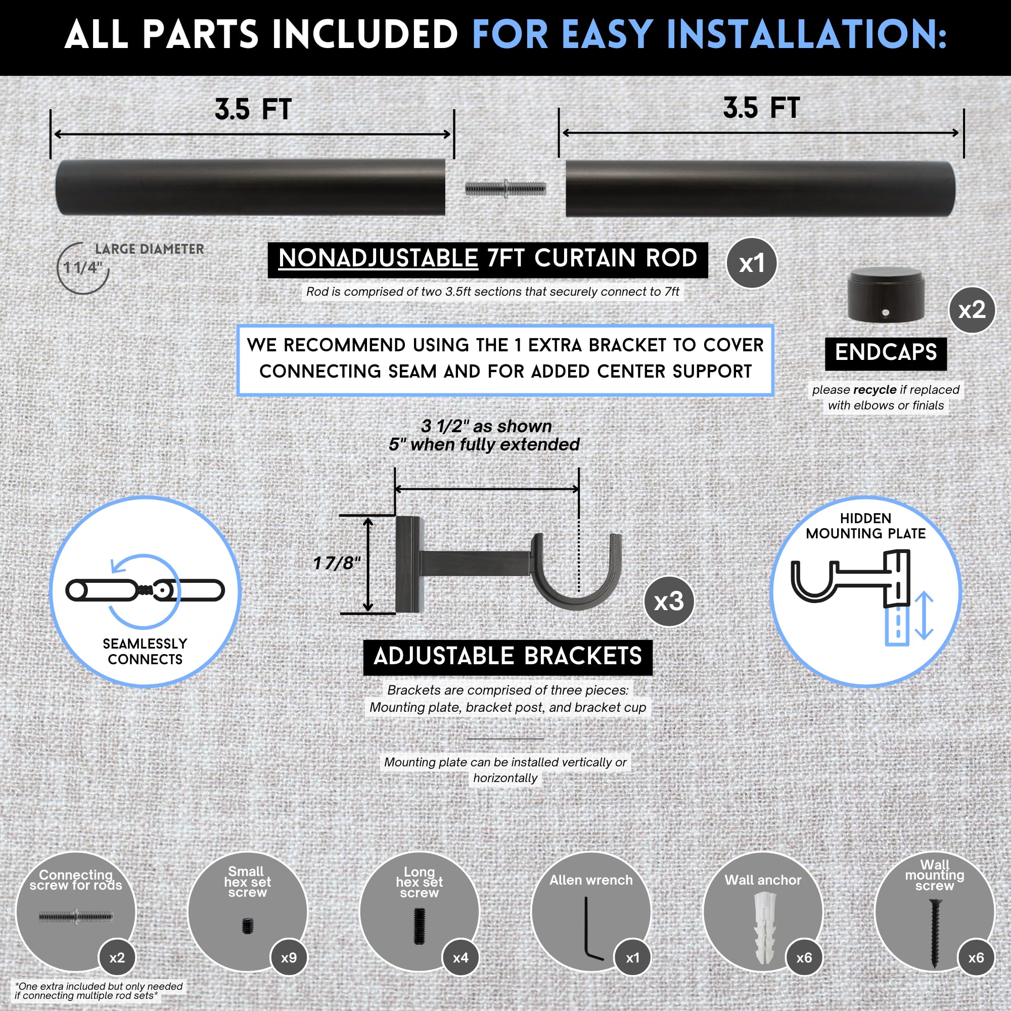 Luxury Curtain Rod With Square Finials 7ft Custom Curtain Rod With Step ...