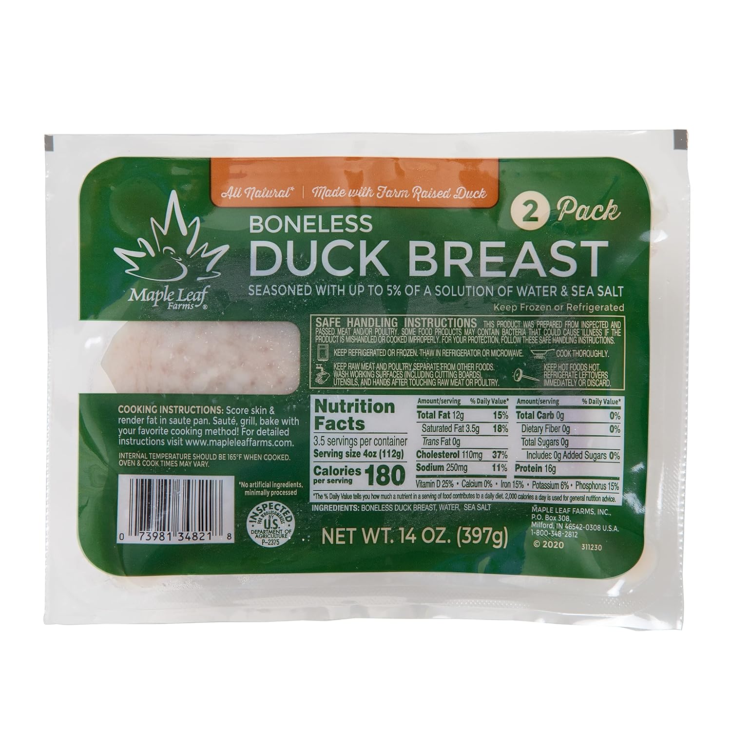 Amazon.com: Maple Leaf Farms All Natural Boneless Duck Breast, 14 oz, 2 ...