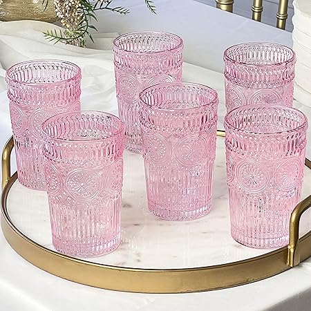 Amazon.com | 6 Pack Pink Glassware Drinking, 12oz Highball Embossed ...