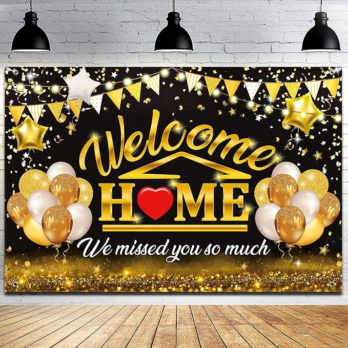 Amazon.com: Welcome Back Backdrop Banner Home Decorations Black Gold ...