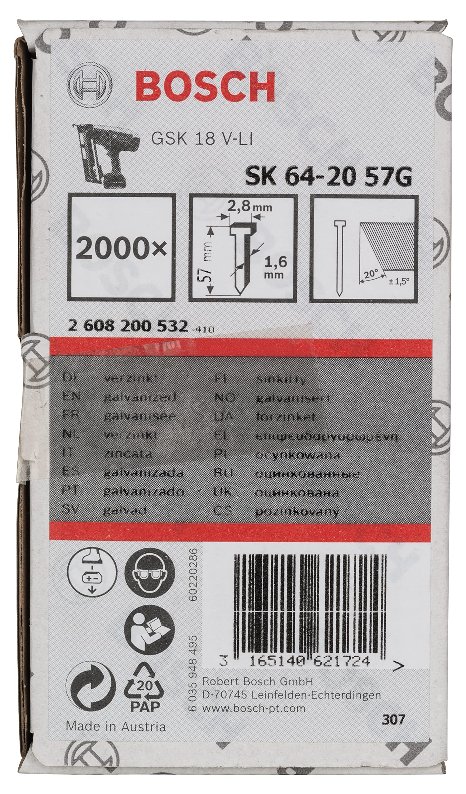 Bosch Professional 2000x Finish Nails SK64 20G (1.6/16 g 20°, 2.8x1 ...