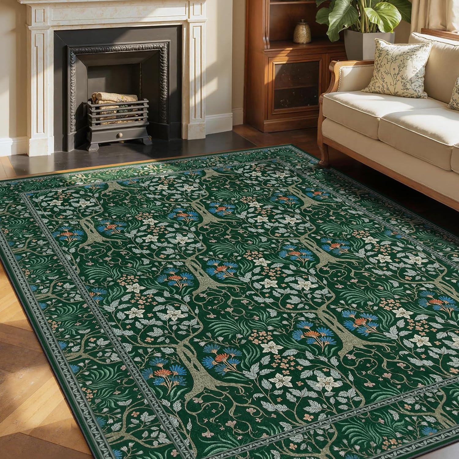 Amazon.com: Joydeco Dark Green Area Rugs 8x10, Washable Boho Floral Rug ...