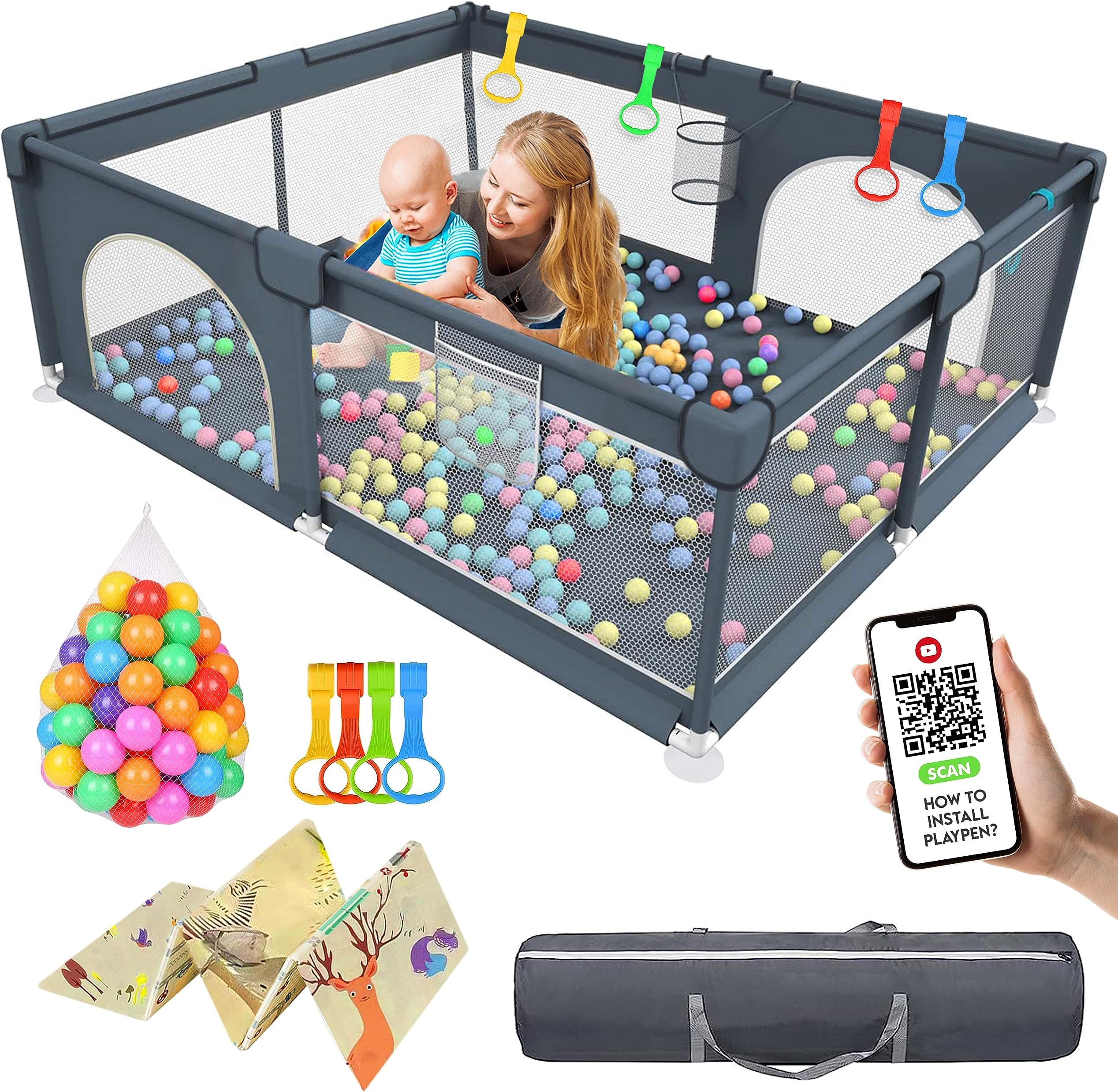 Large Baby Playpen with Foam Playpen Mat 180×150×68 CM- Playpen for ...