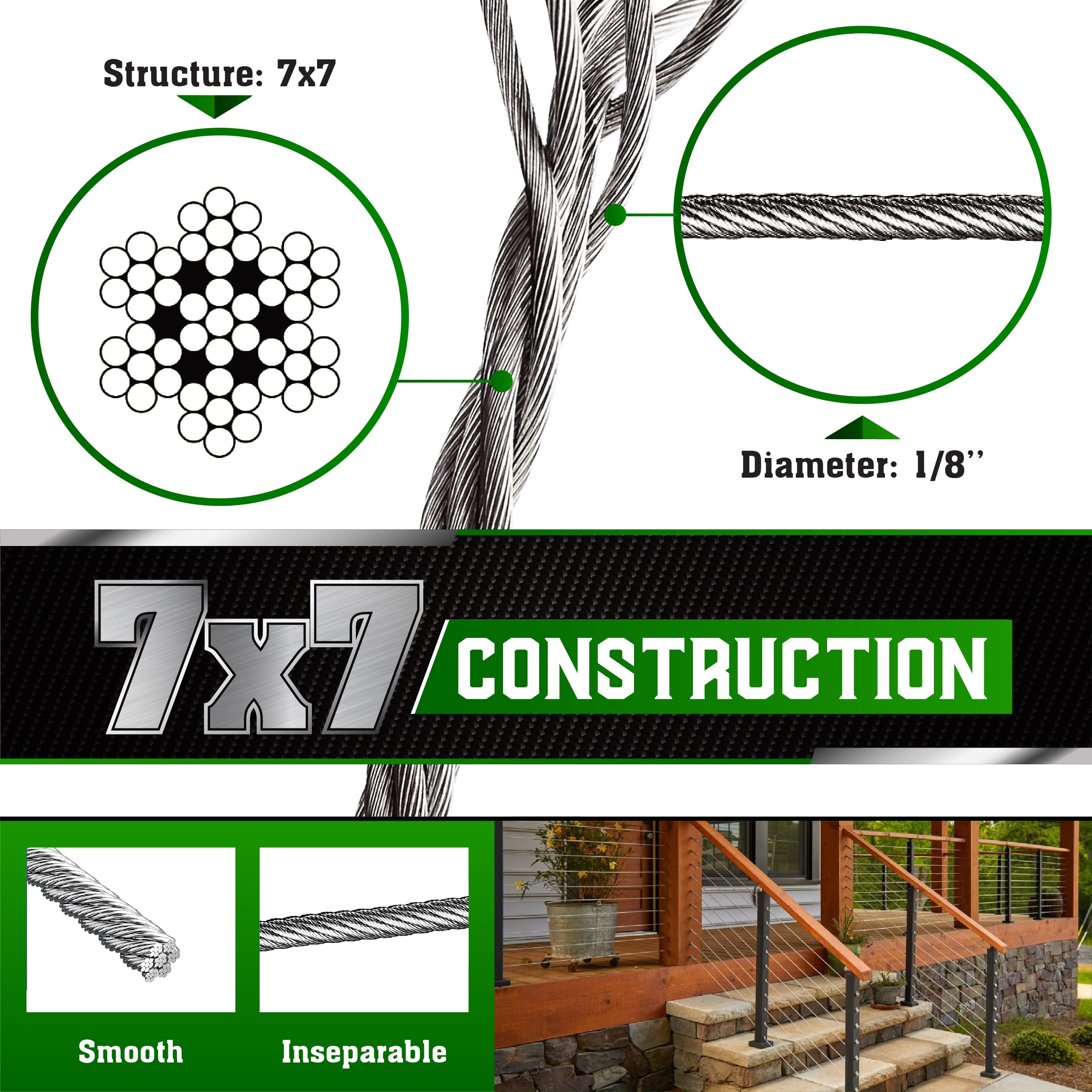 2000FT 1/8” T316 Premium Stainless Steel Deck Cable Railing Kit with ...