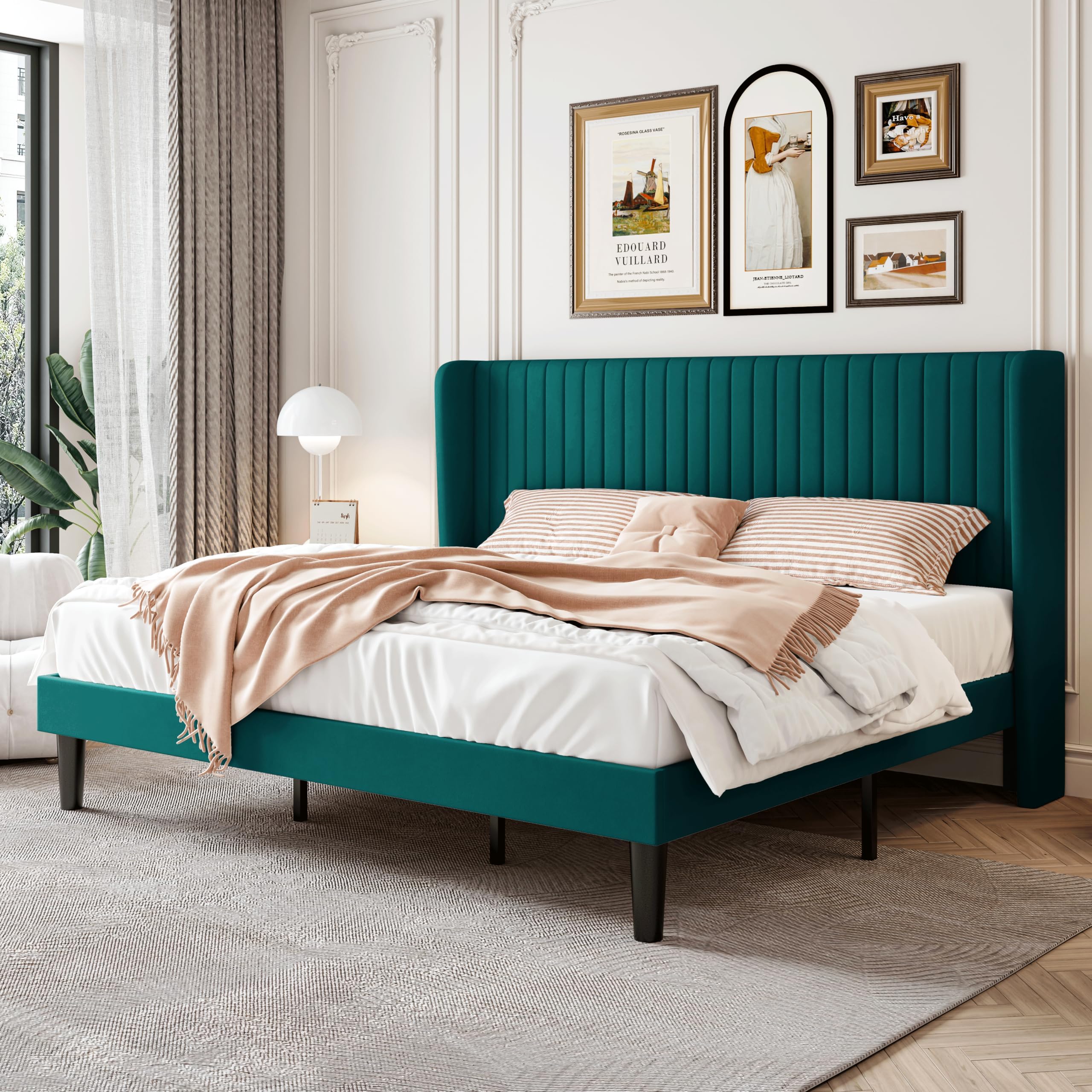 Amazon.com: SHA CERLIN King Size Velvet Bed Frame with Vertical Channel ...
