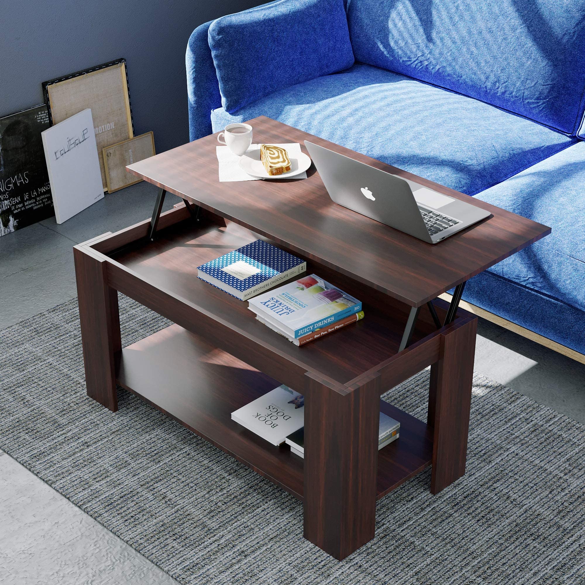 Wood Lift up Top Coffee Table Laptop Desk with Hidden Compartment and ...