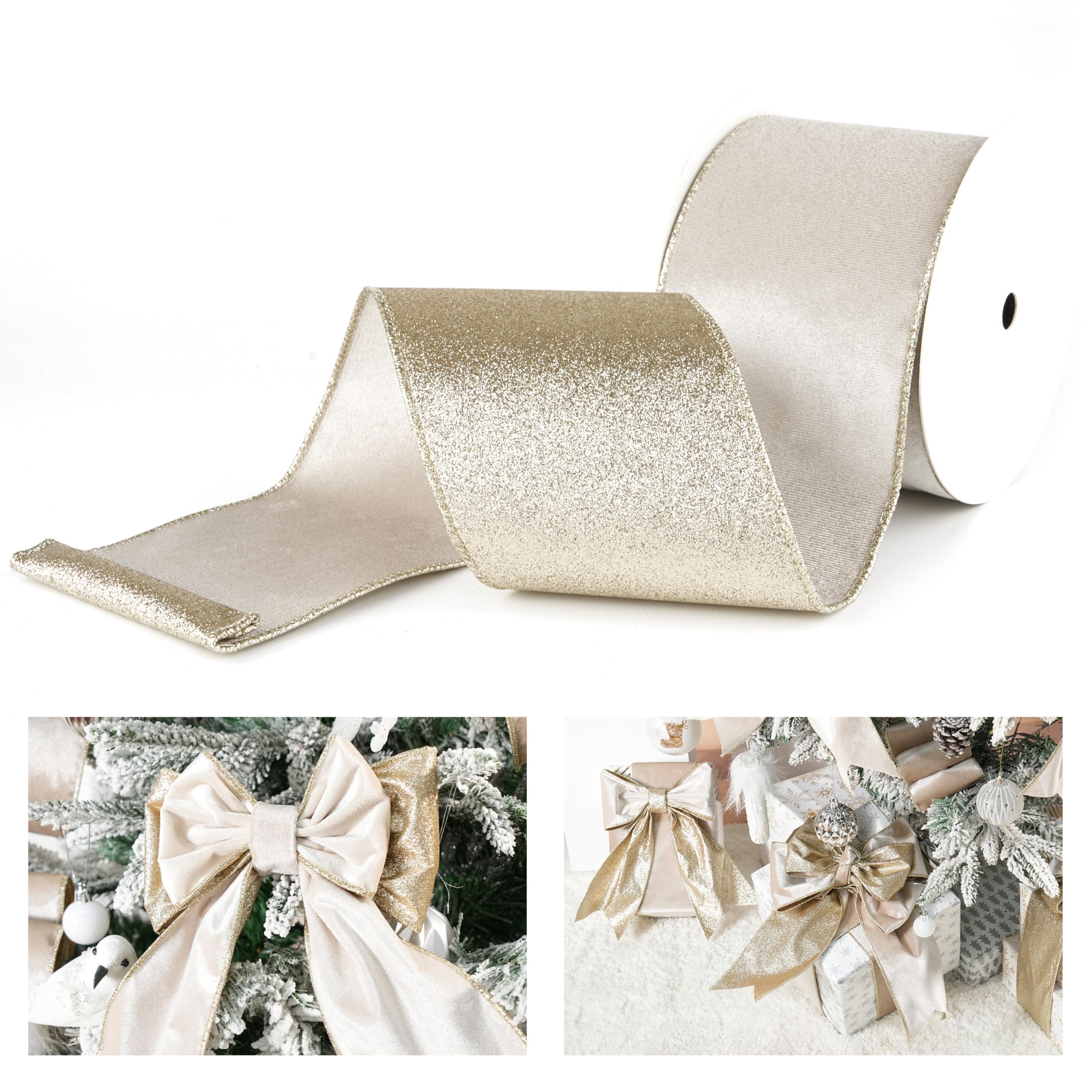 Amazon.com: LIZLOVESS Champagne Velvet Wired Ribbon with Glitter Back 4 ...