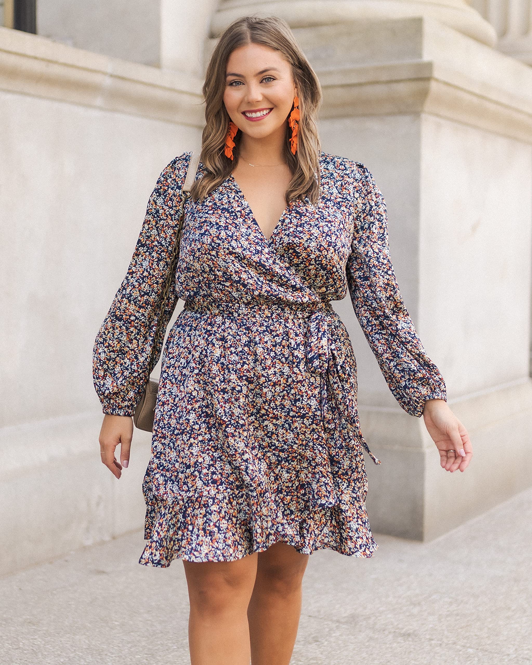 size L The Drop Women's Floral Print Wrap Front Long Sleeve Dress by ...