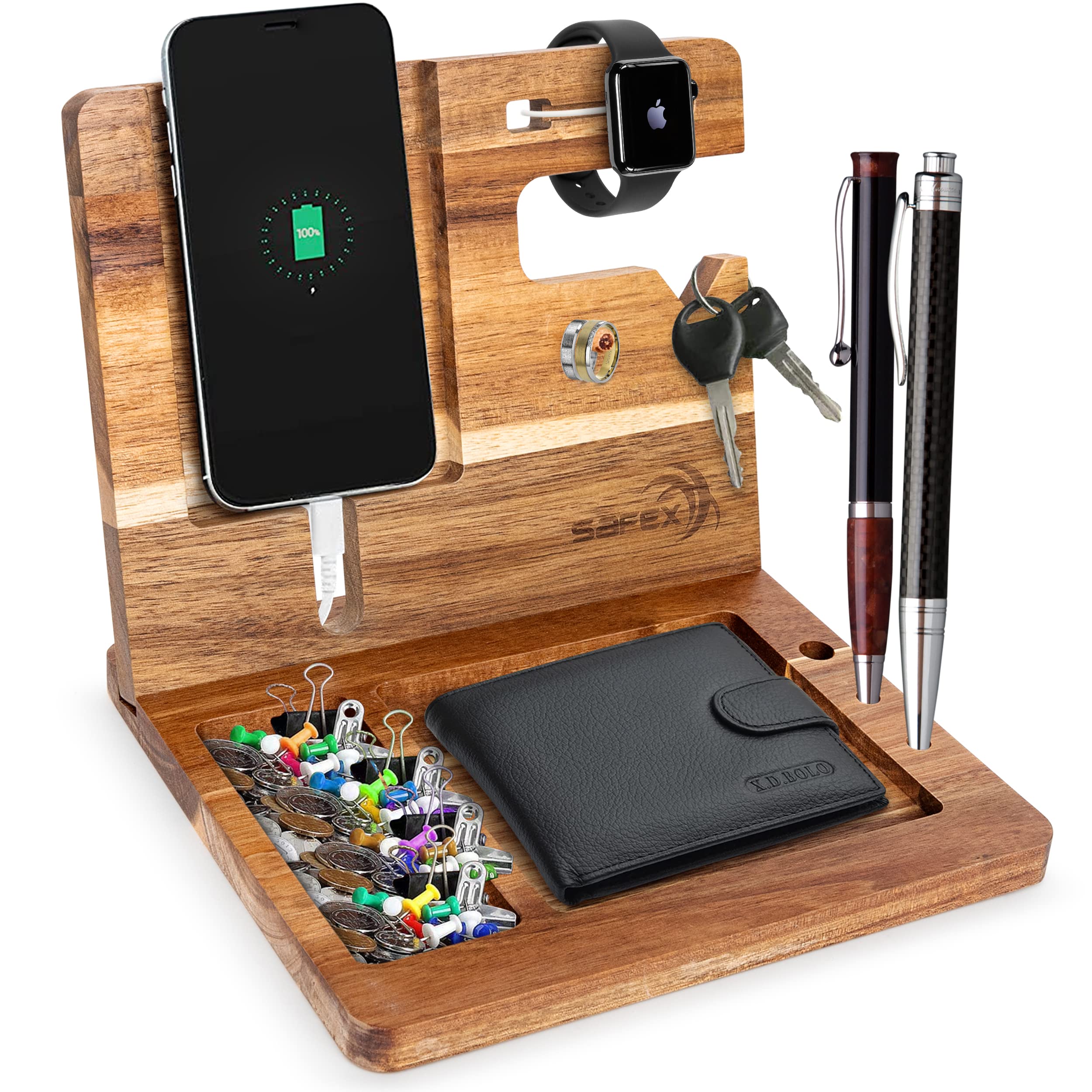 SAFEX Docking Station Nightstand Organizer – Deluxe Acacia Wood Phone ...