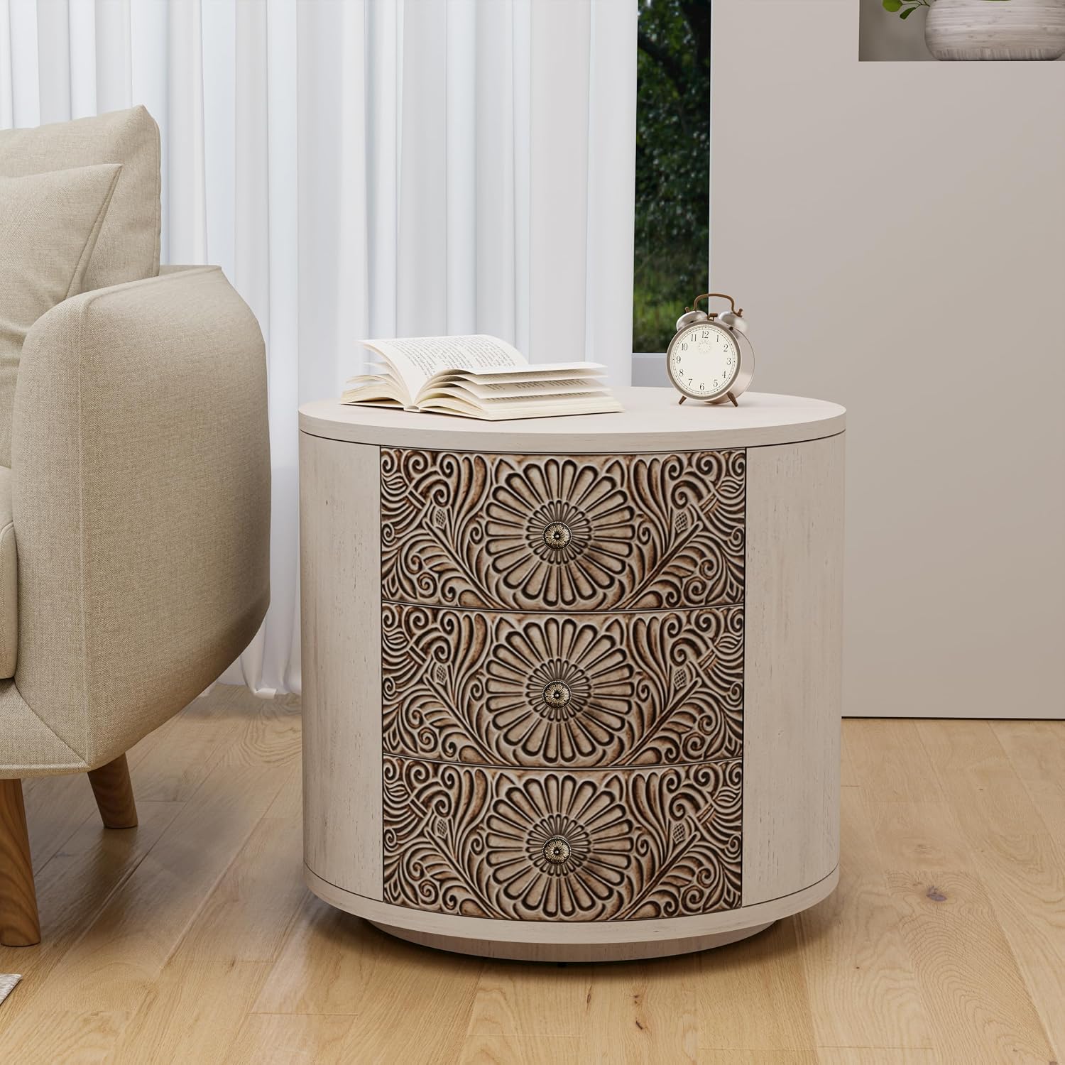 Amazon.com: Koncemel Vintage End Table, Round Nightstand with Drawers ...