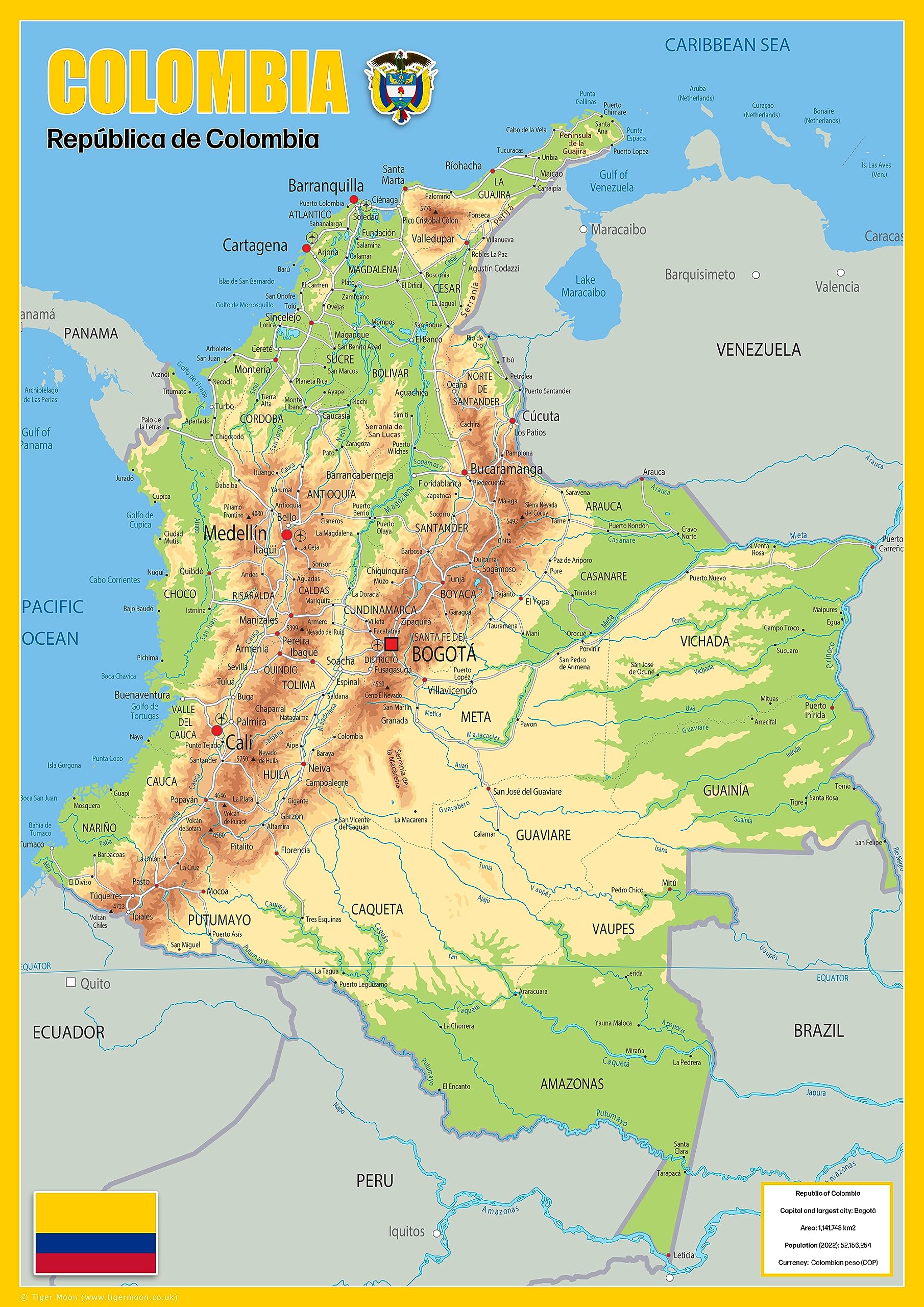 Physical Map of Colombia - The Oxford Collection - Size A2 - Paper ...