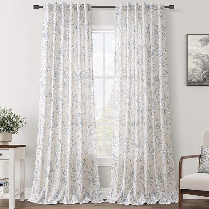 Amazon.com: Blue Floral Curtains 96 inch Length Back Tab Farmhouser ...