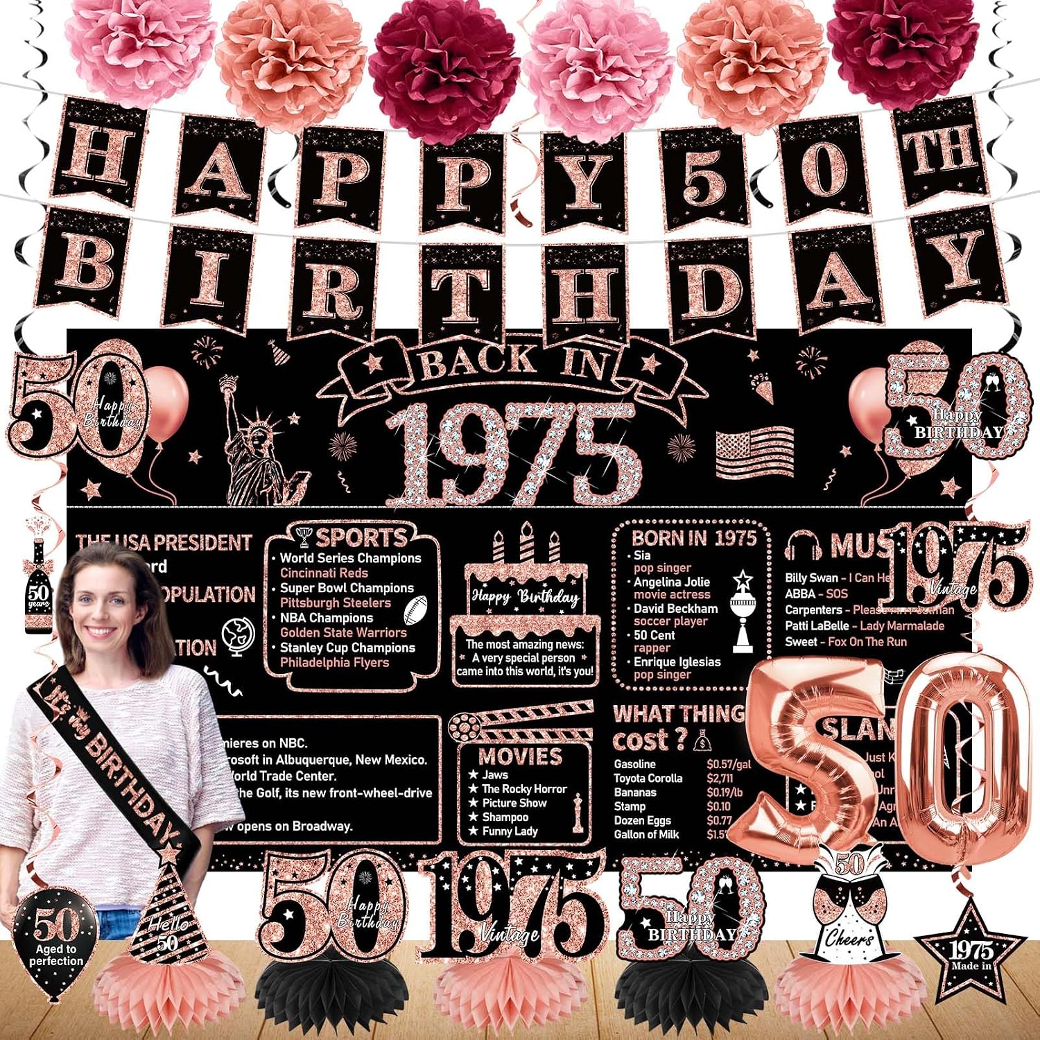 50th Birthday Decorations for Women, 21pcs Back in 1975 Banner Party ...