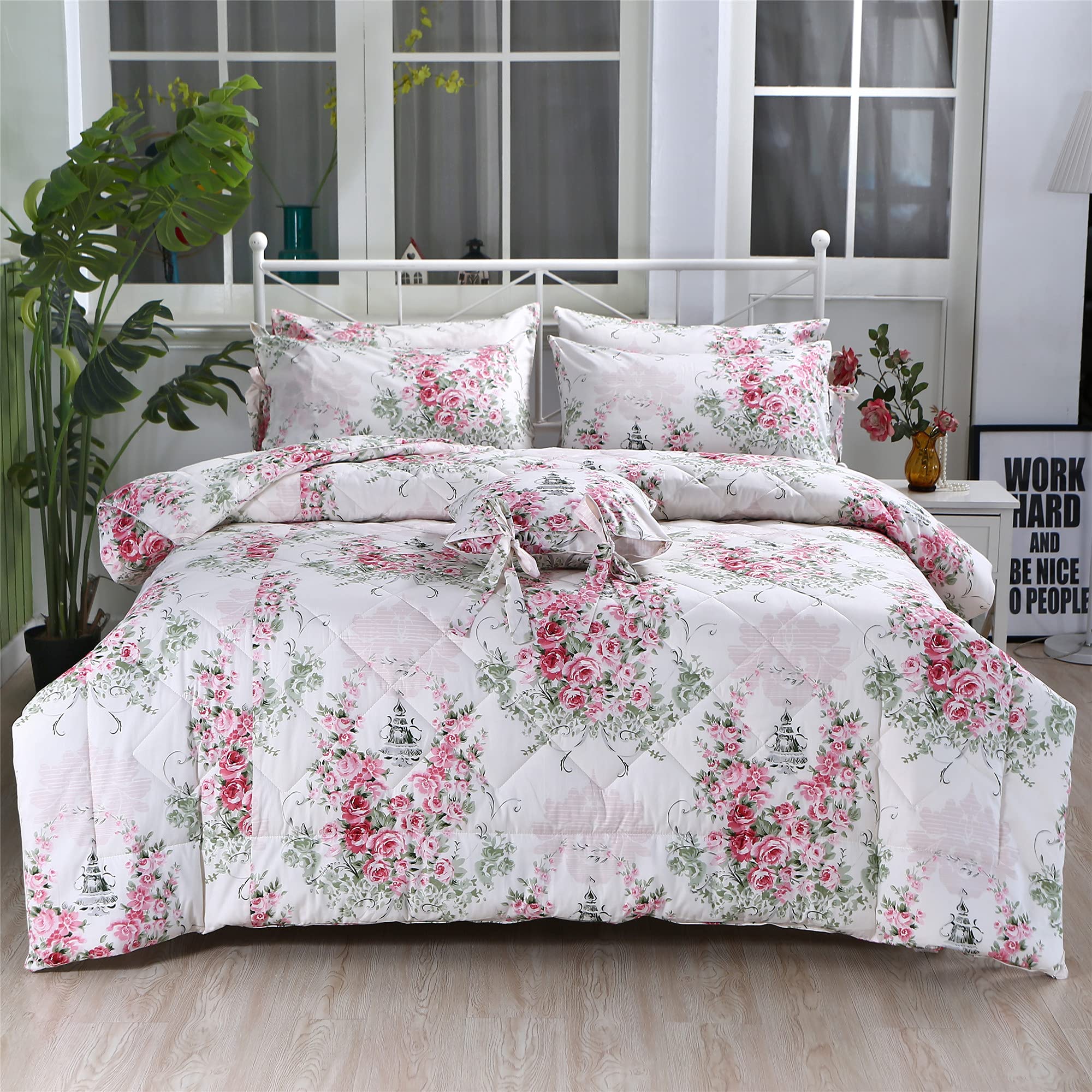FADFAY 3Pcs Pink Rose Floral Comforter Set King Vintage Floral Summer ...