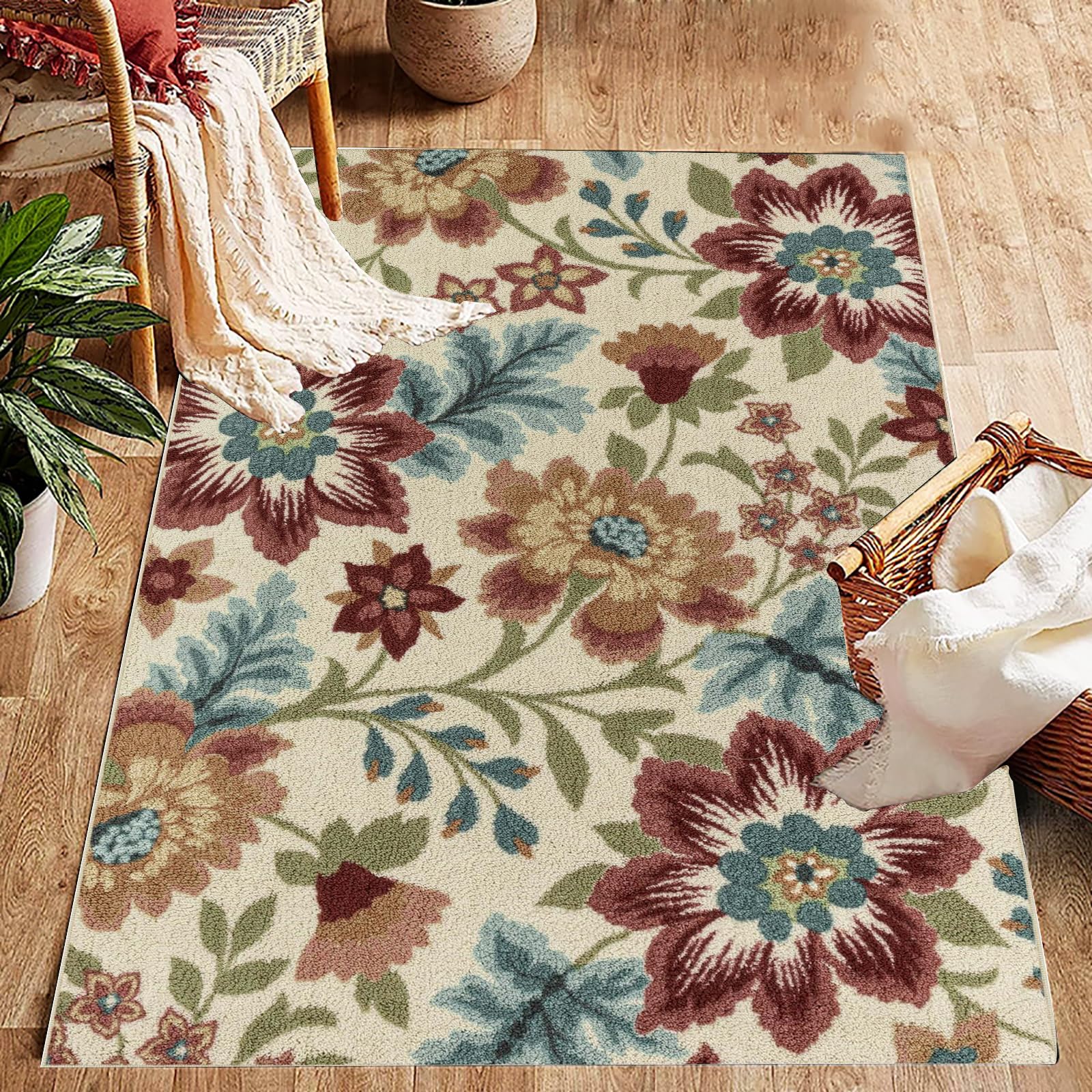 Vintage Ivory Botanical Floral Rugs 34x60 for Bedroom Home Decor Retro ...