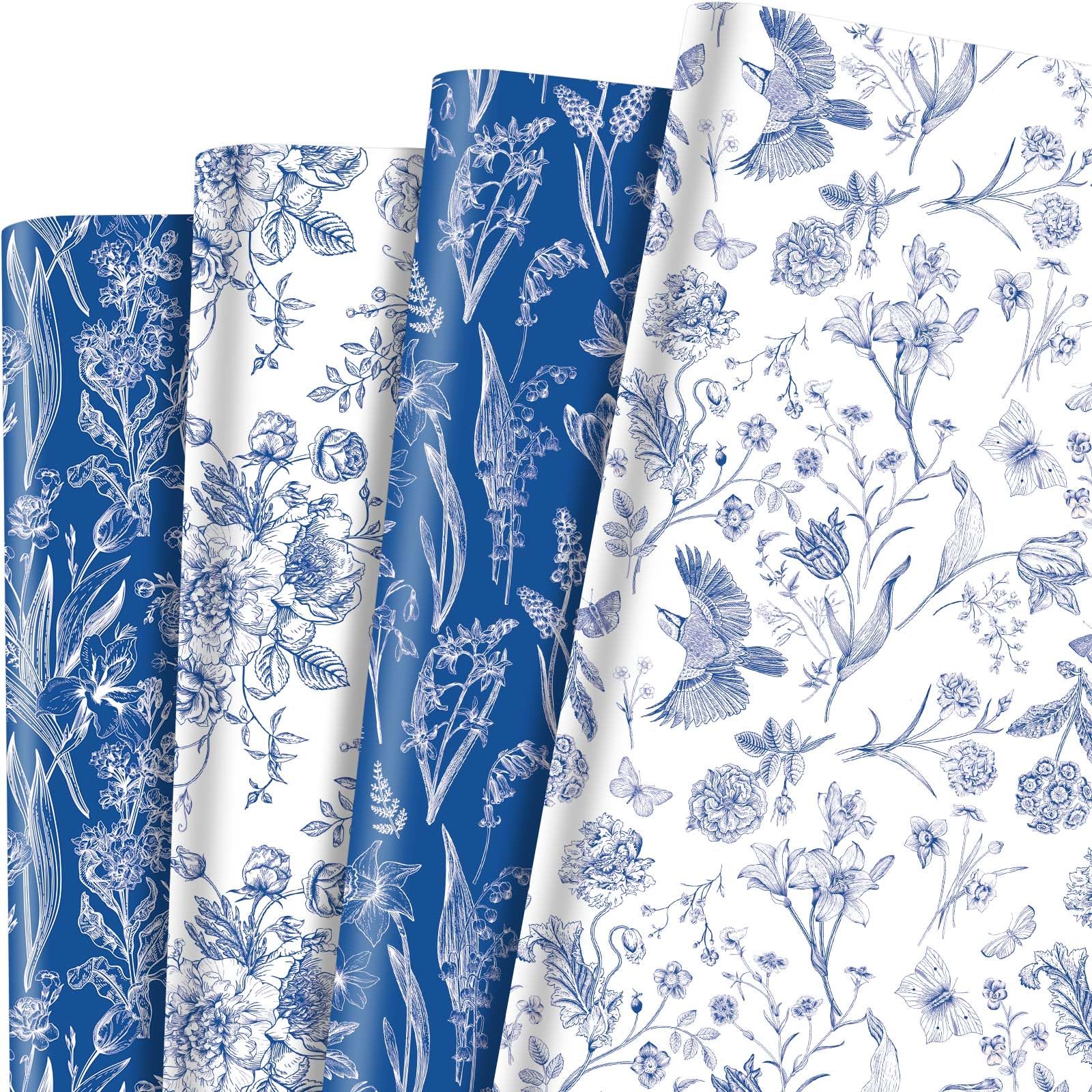 Amazon.com: 12 Sheet Blue Floral Wrapping Paper Wild Floral Art Paper ...