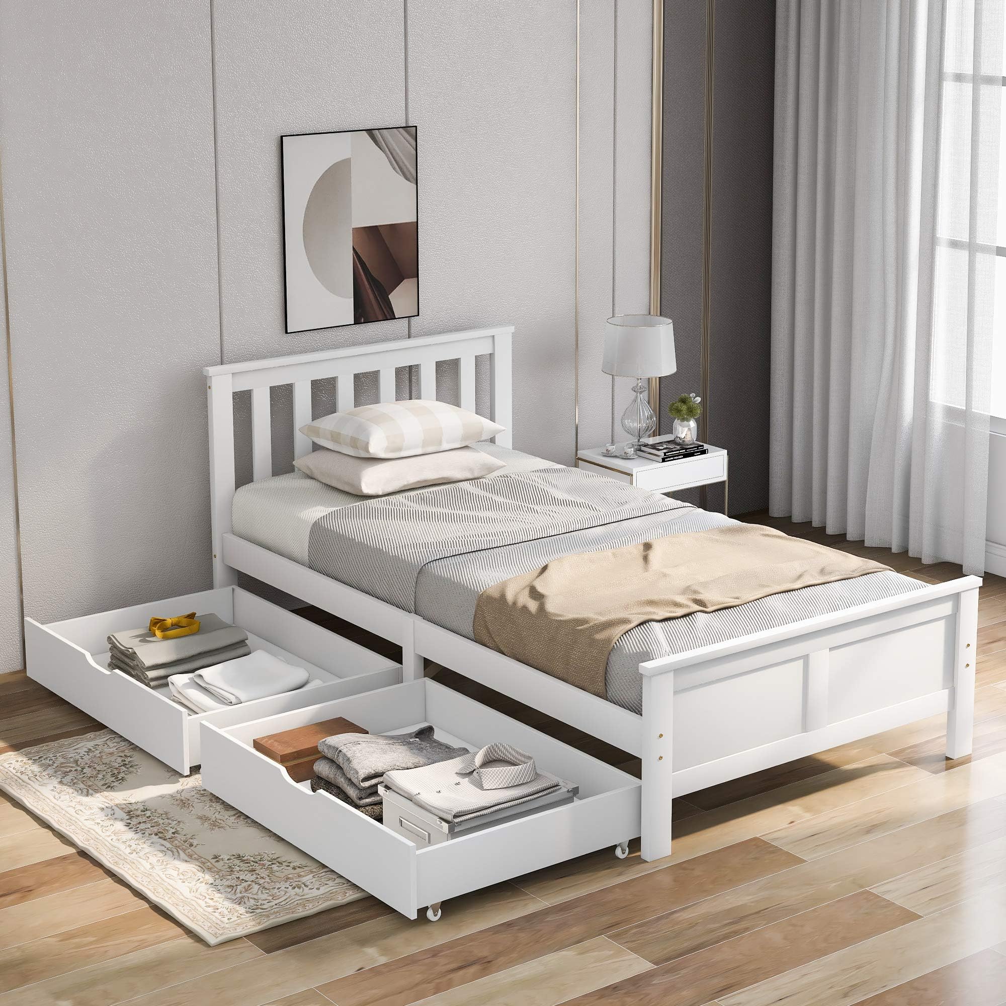 Merax Solid White Pine Storage Bed with Drawers - Bed Furniture Frame ...