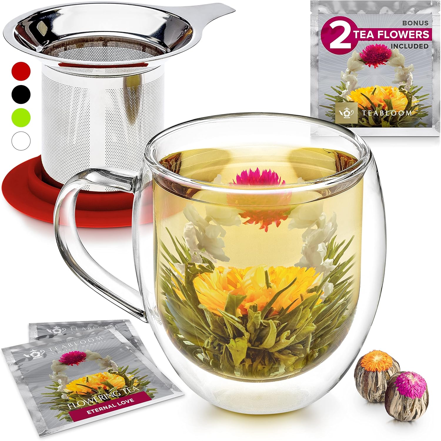 Amazon.com: Teabloom 雙壁硼矽酸鹽玻璃杯 附不鏽鋼浸泡器和蓋子 – 15 盎司 / 430 毫升 – 包含 2 朵美食茶花 ...