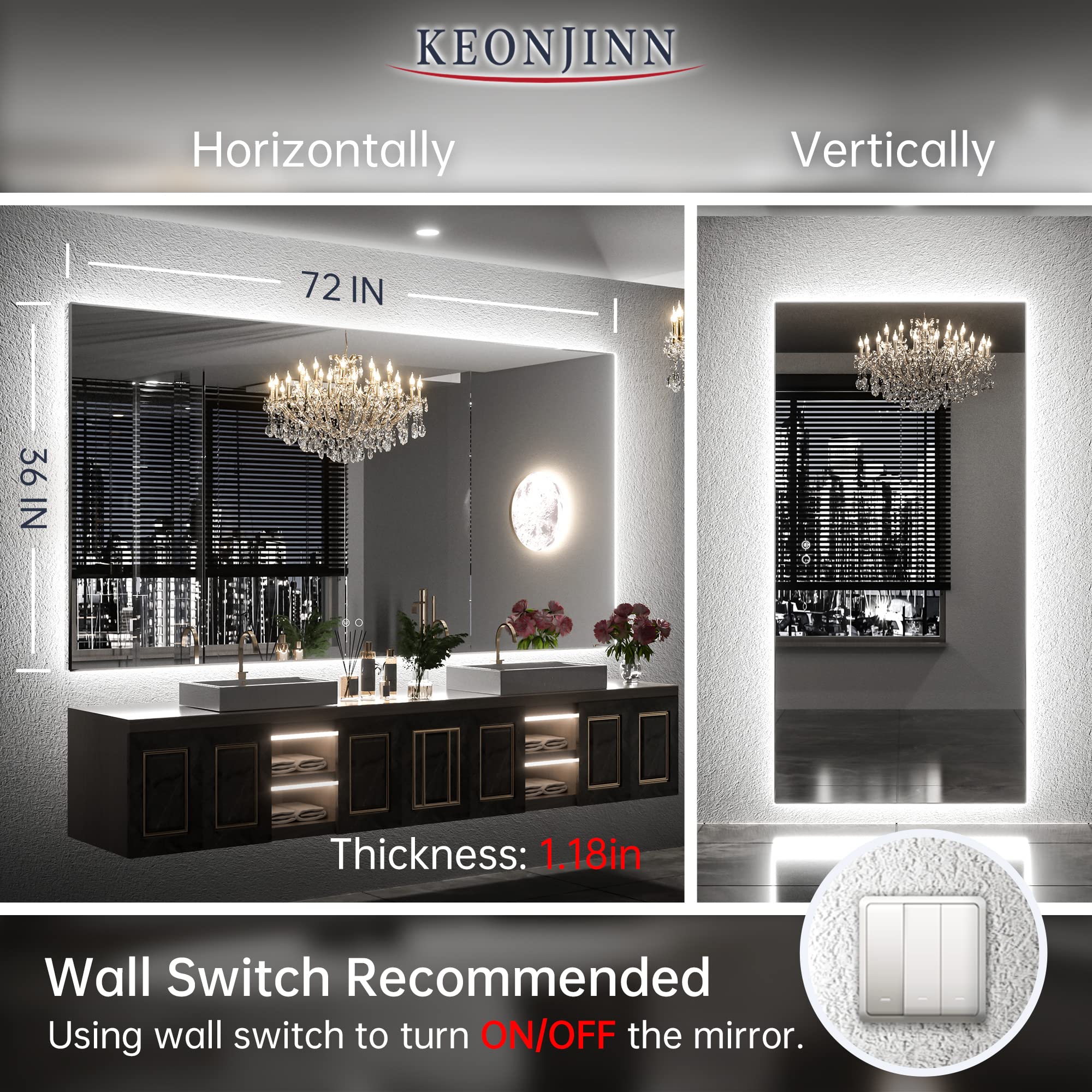 Keonjinn 72 x 36 Inch LED Bathroom Mirror with Lights, Backlit Mirror 3 ...