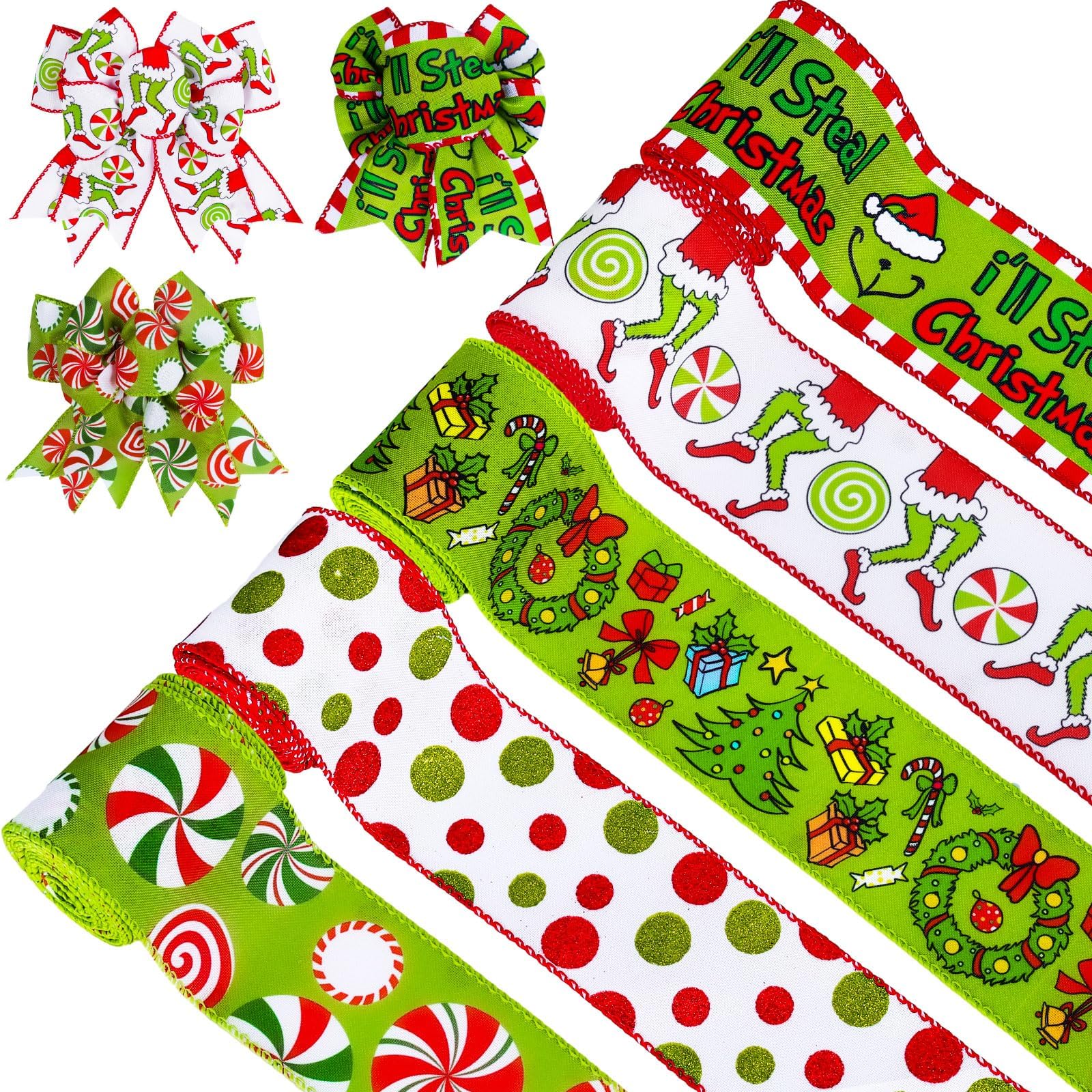 Amazon.com: 4 Rolls Christmas Ribbons Polka Dot Ribbon Wired Glitter ...