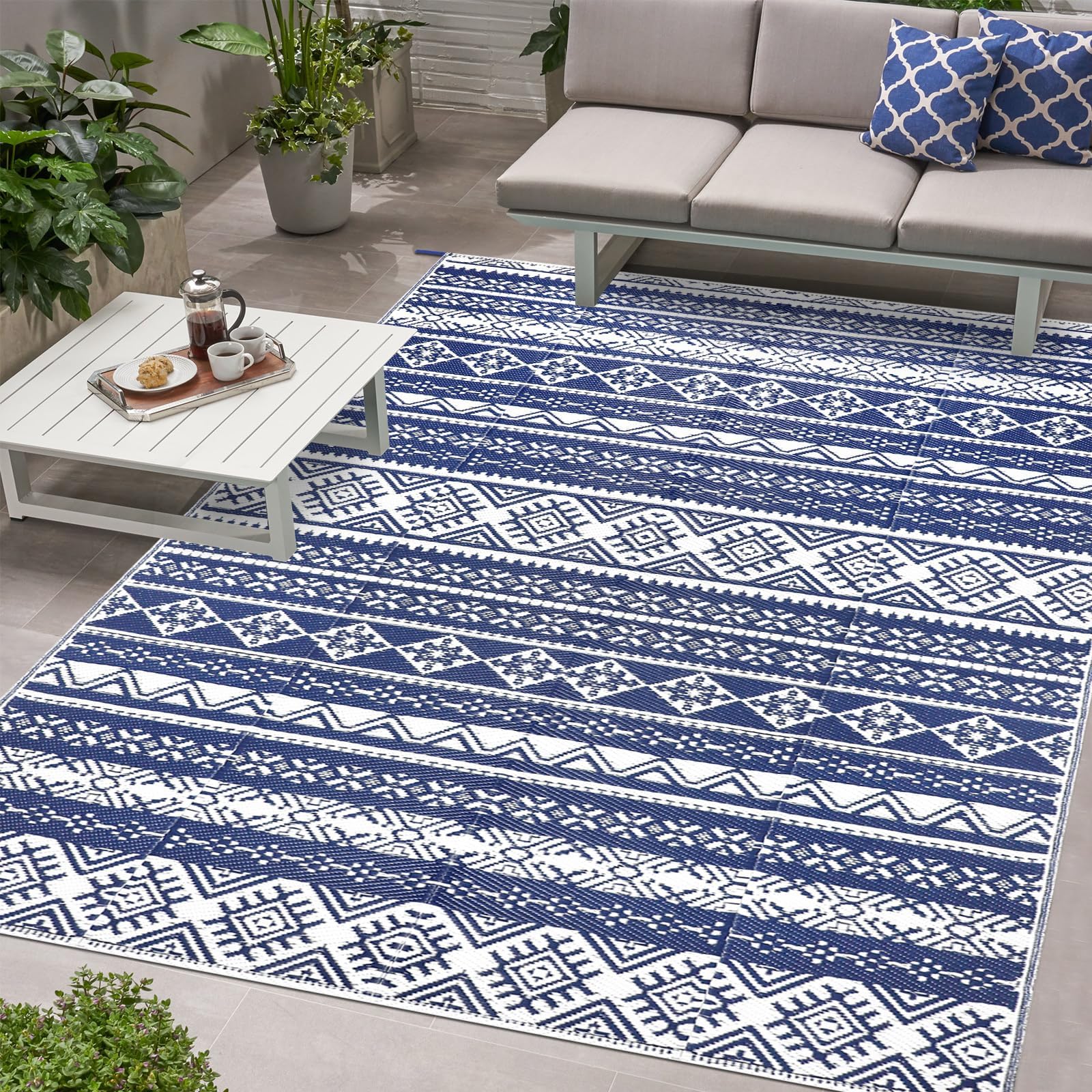 Cekene Round Outdoor Rugs for Patios Waterproof 150cm Reversible ...