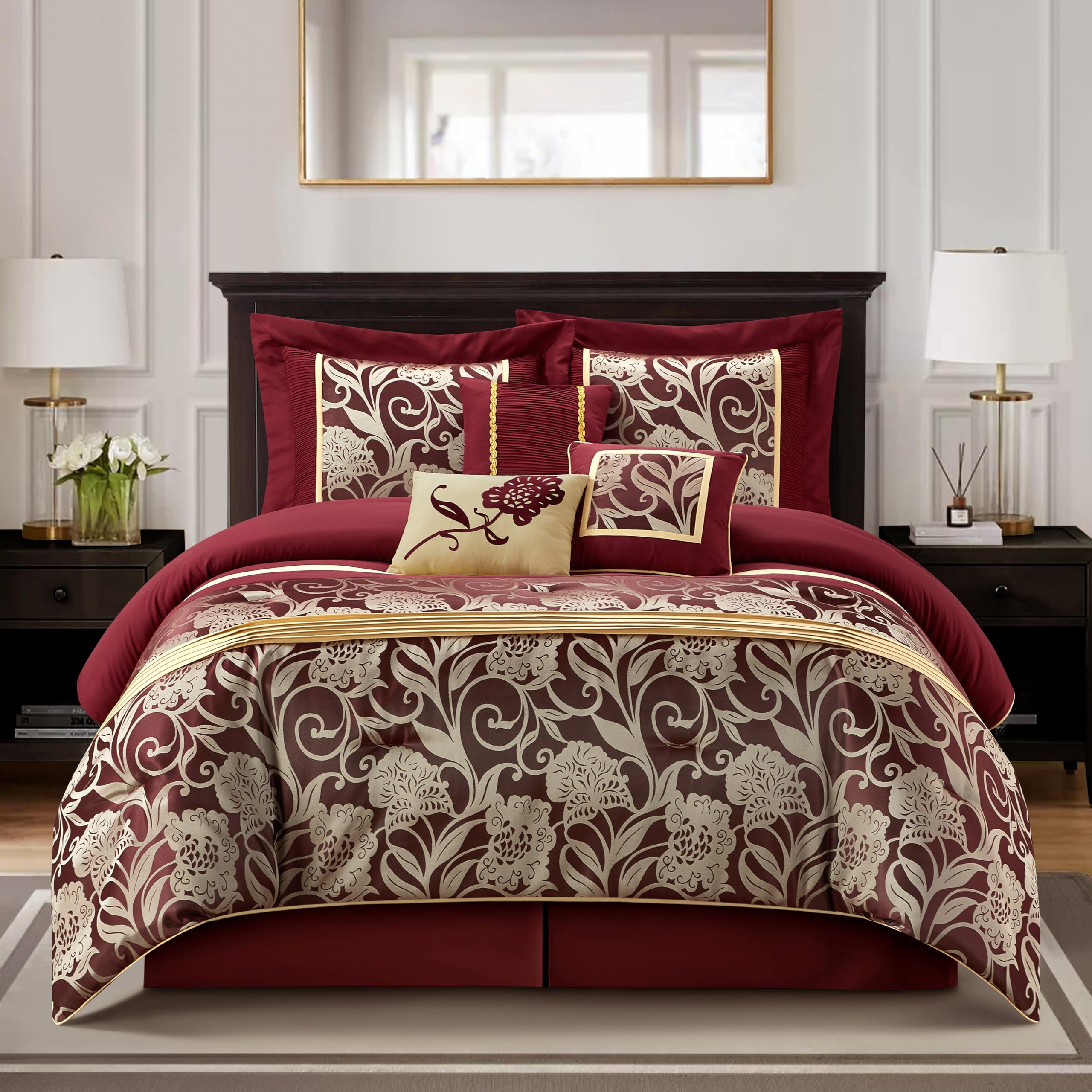Stratford Park Jacquard 7-Piece Comforter Bedding Set, Red, Queen Size ...