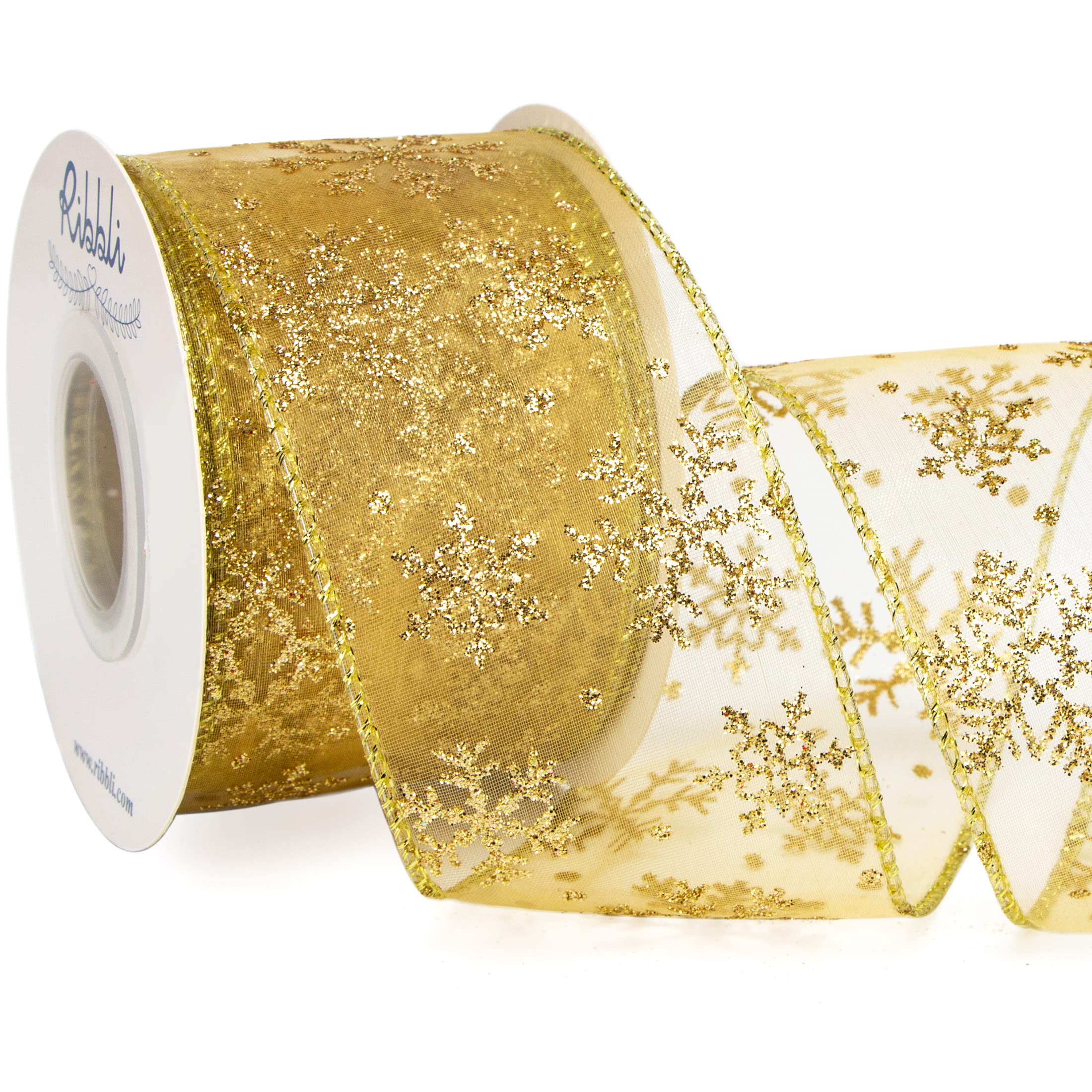Amazon.com: Ribbli Snowflake Glitter Wired Ribbon, Gold Organza Sheer ...