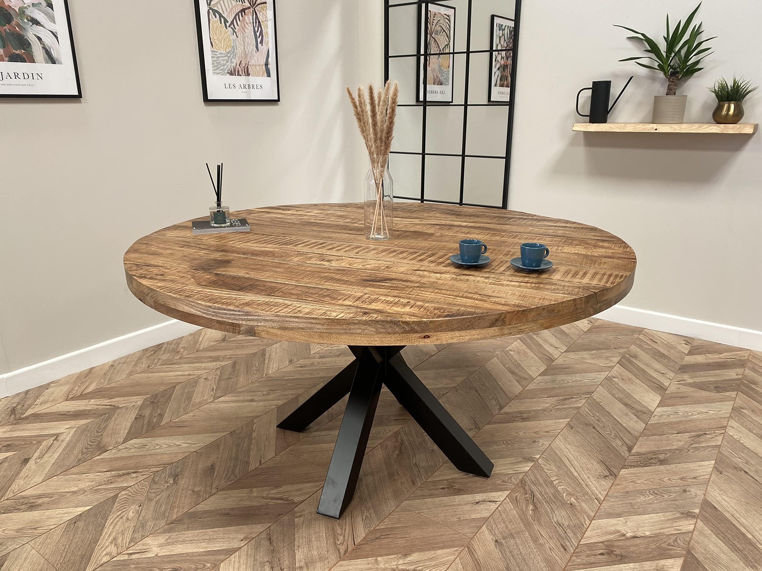 Round Solid Mango Wood Dining Table | Black Iron X Base - 120cms ...